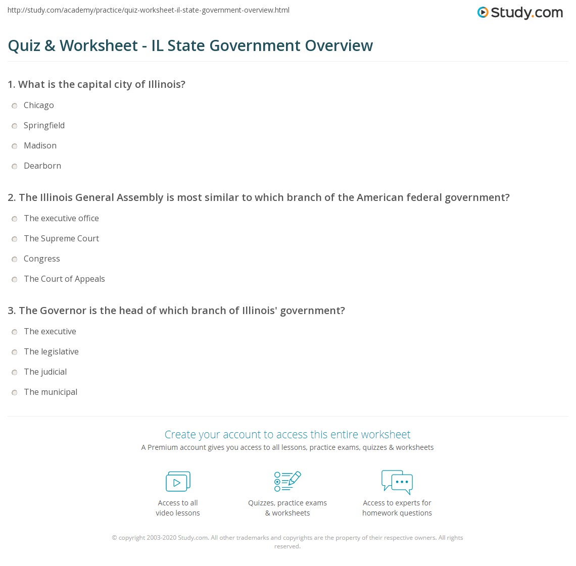 Quiz & Worksheet - IL State Government Overview | Study.com