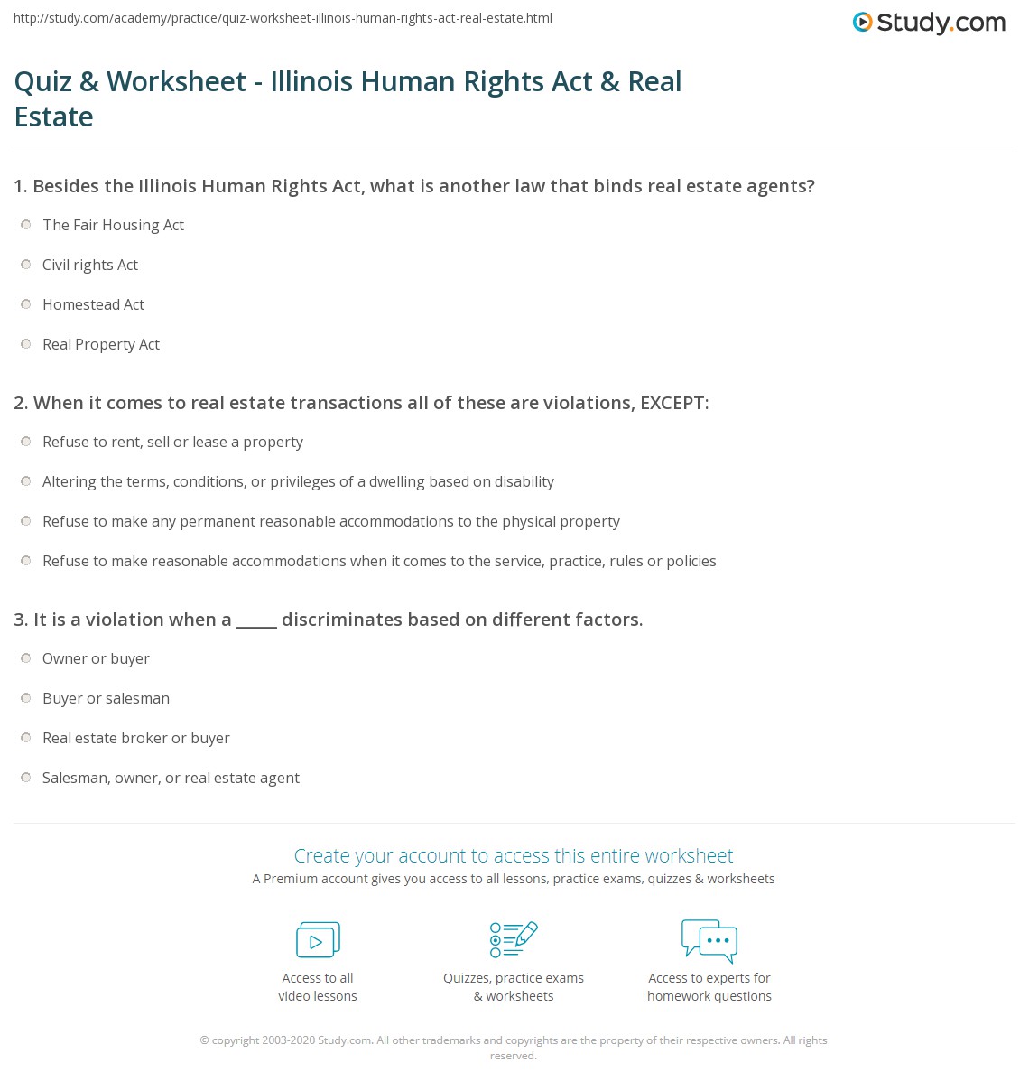 Quiz & Worksheet - Illinois Human Rights Act & Real Estate | Study.com