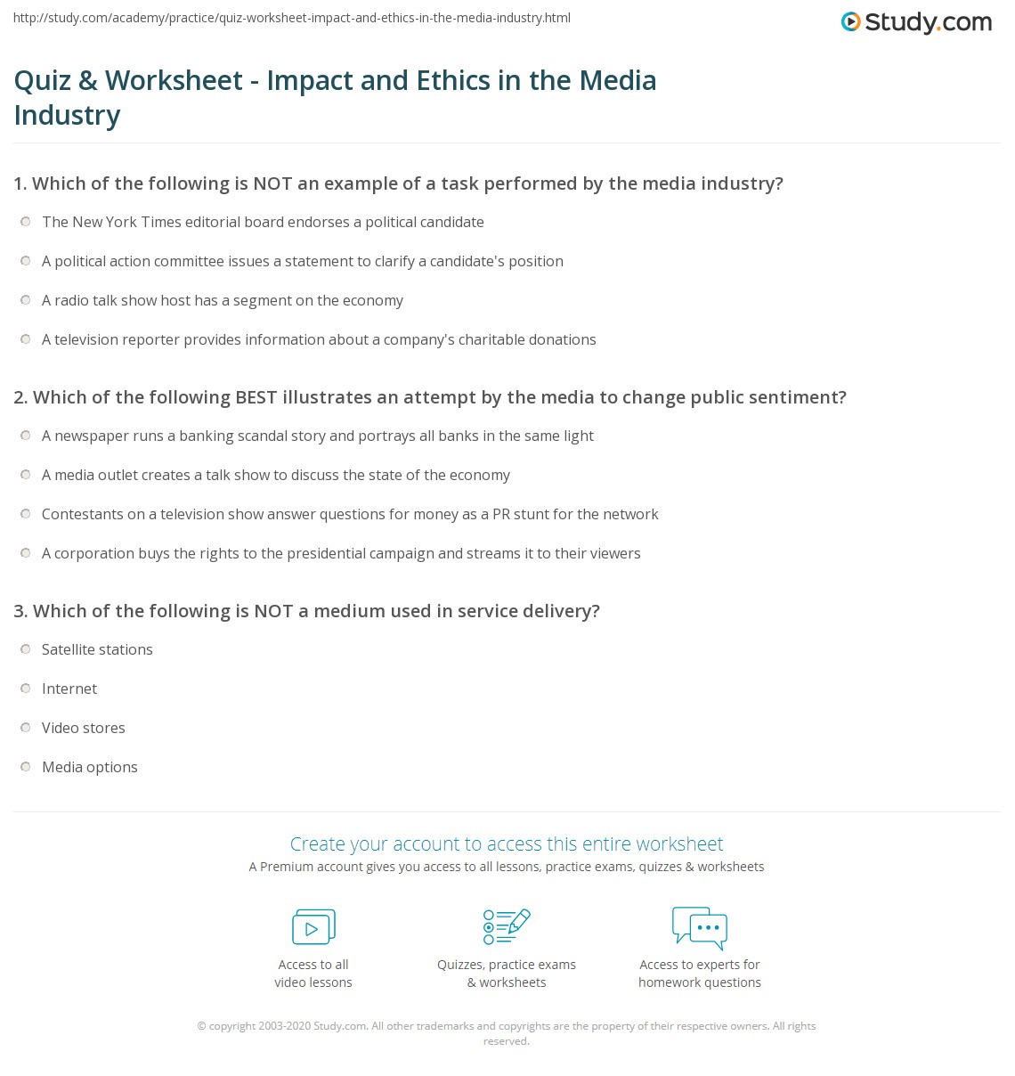 Quiz & Worksheet - Impact and Ethics in the Media Industry | Study.com