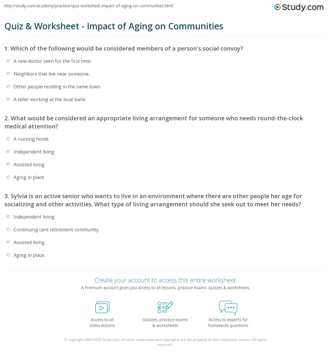 Quiz & Worksheet - Impact of Aging on Communities | Study.com