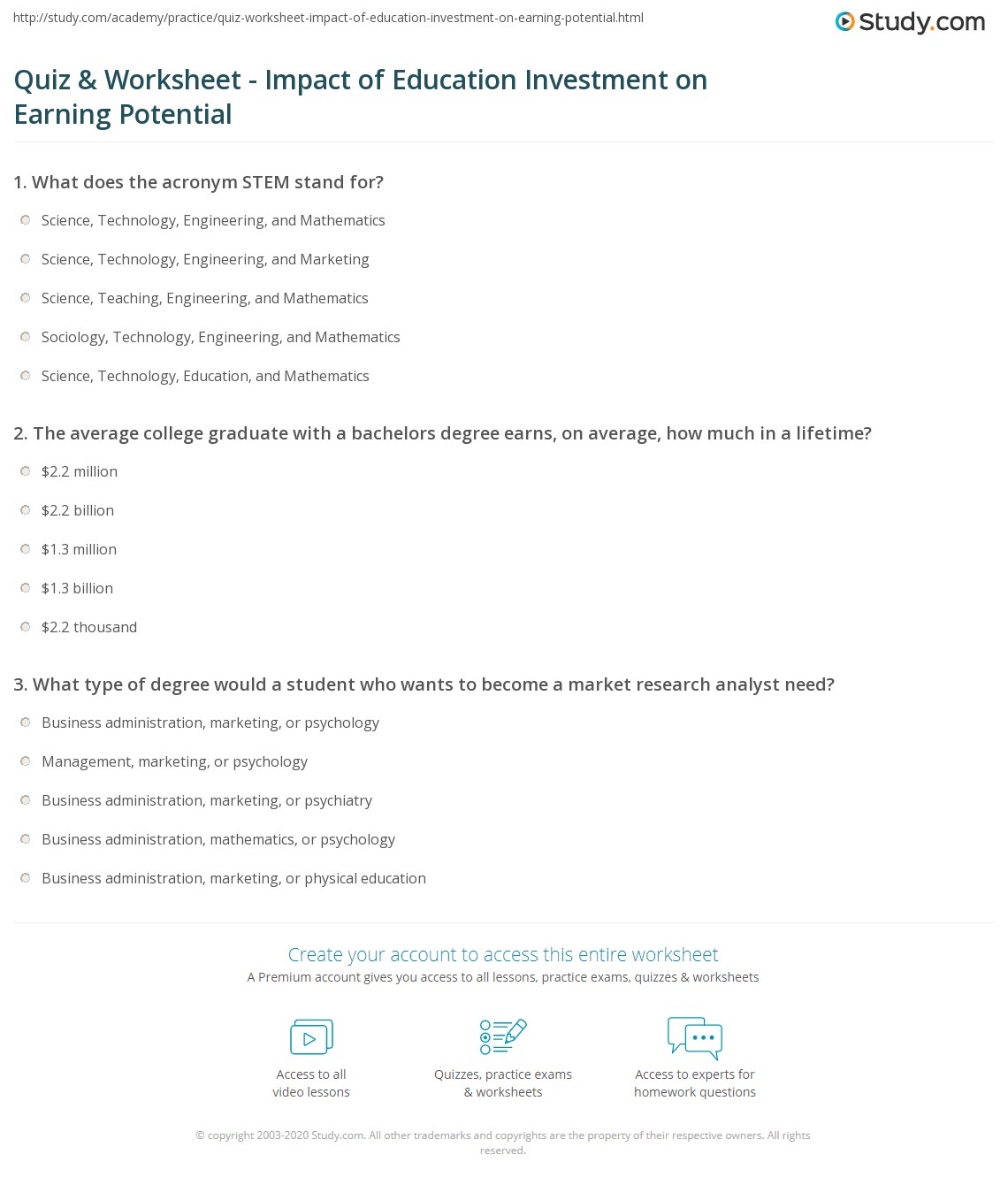 Quiz & Worksheet - Impact of Education Investment on Earning Potential ...