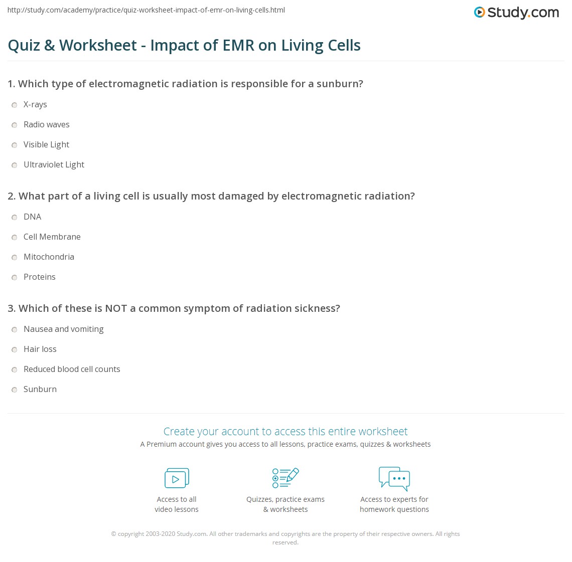 Quiz & Worksheet - Impact of EMR on Living Cells | Study.com
