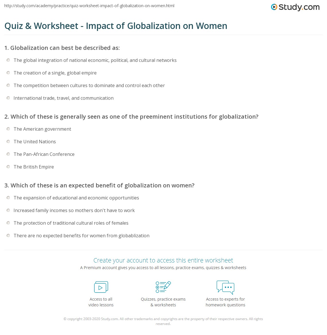 Quiz & Worksheet - Impact of Globalization on Women | Study.com