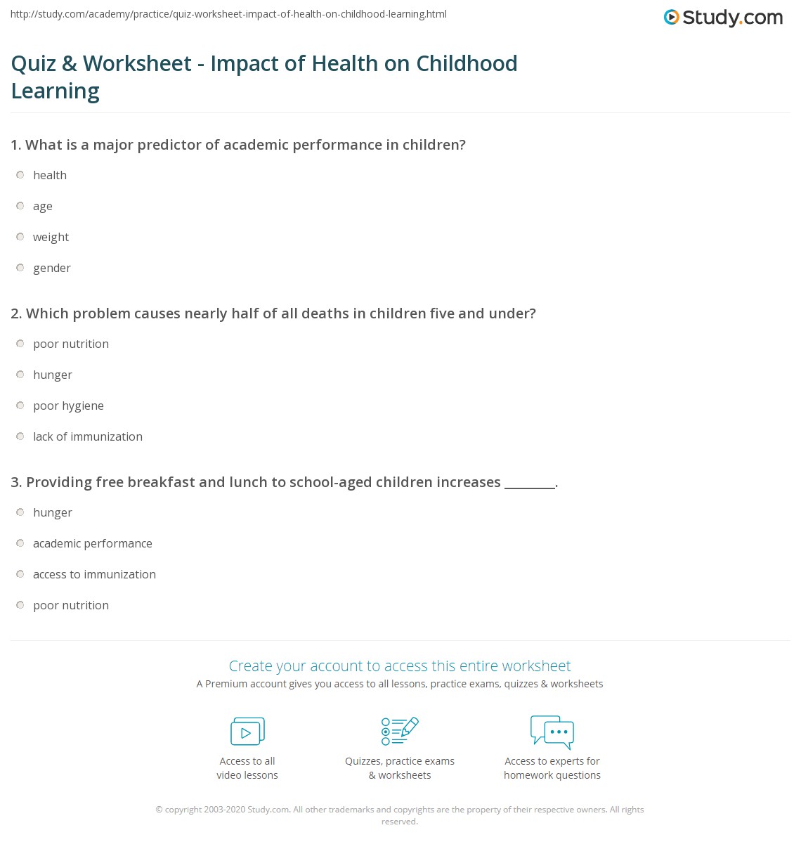 Quiz & Worksheet - Impact of Health on Childhood Learning | Study.com