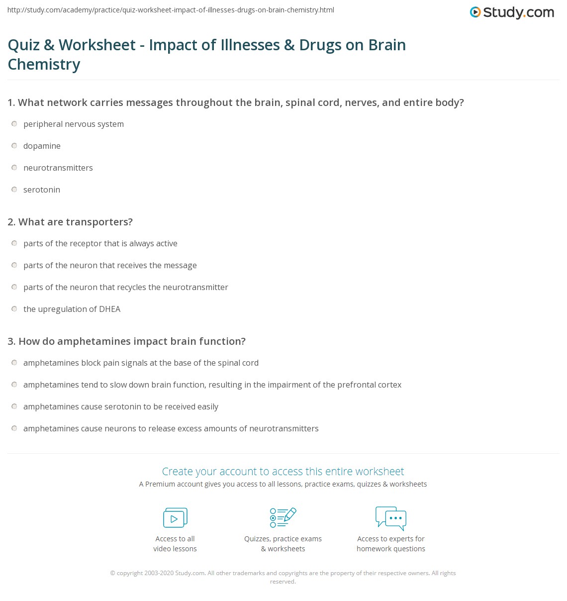Quiz & Worksheet - Impact of Illnesses & Drugs on Brain Chemistry ...