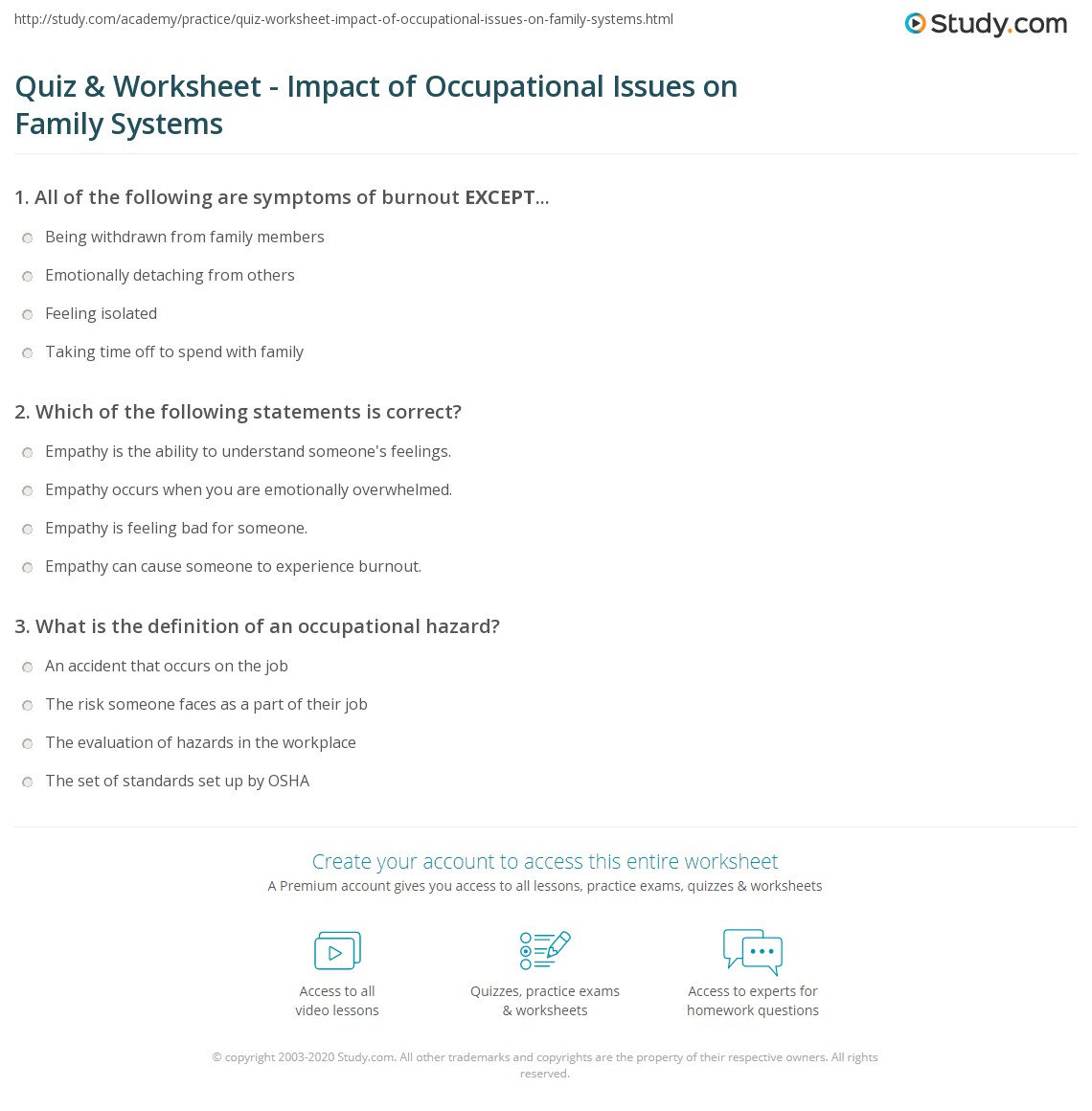 Quiz & Worksheet - Impact of Occupational Issues on Family Systems ...