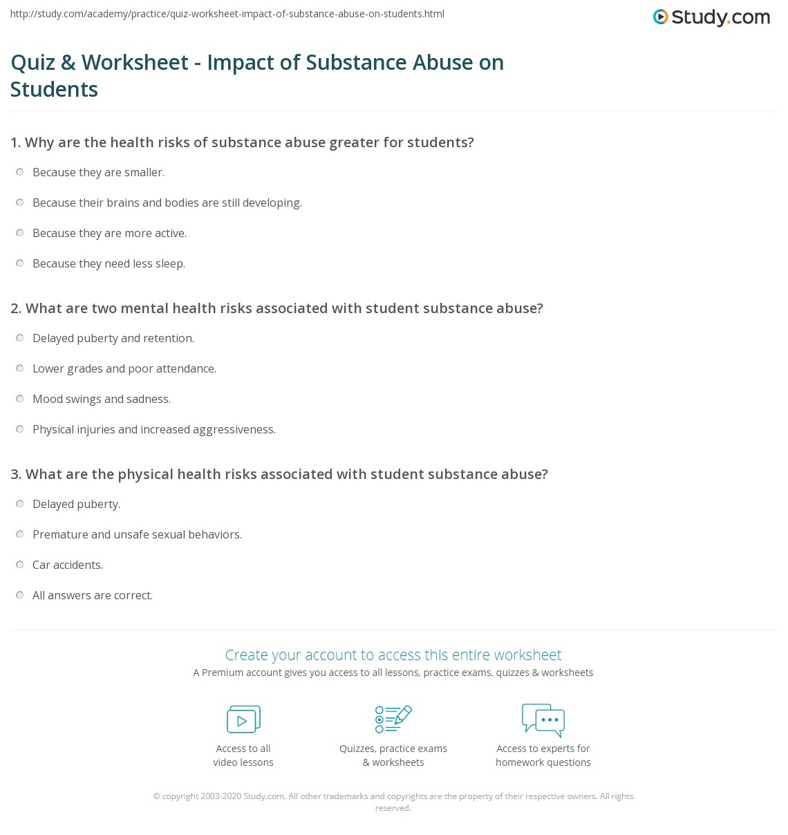 Quiz & Worksheet - Impact of Substance Abuse on Students | Study.com