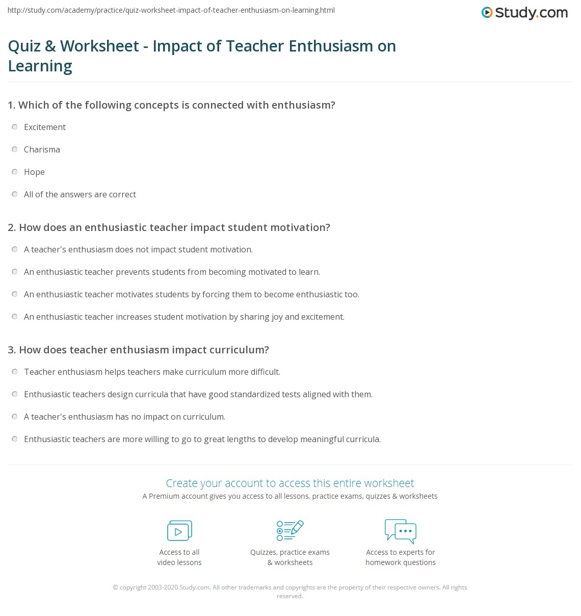Quiz & Worksheet - Impact of Teacher Enthusiasm on Learning | Study.com