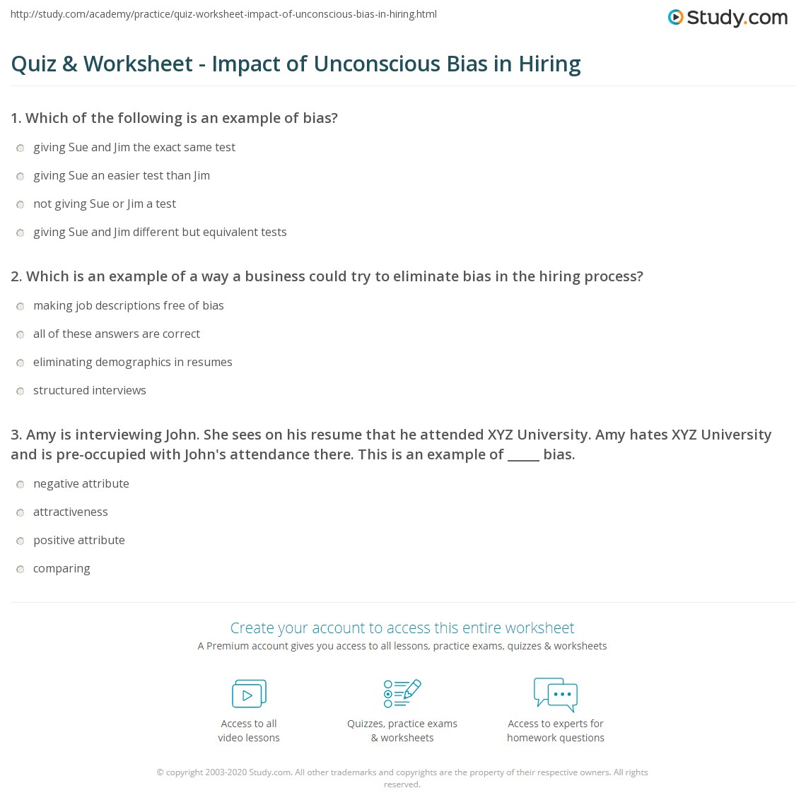 Quiz & Worksheet - Impact of Unconscious Bias in Hiring | Study.com