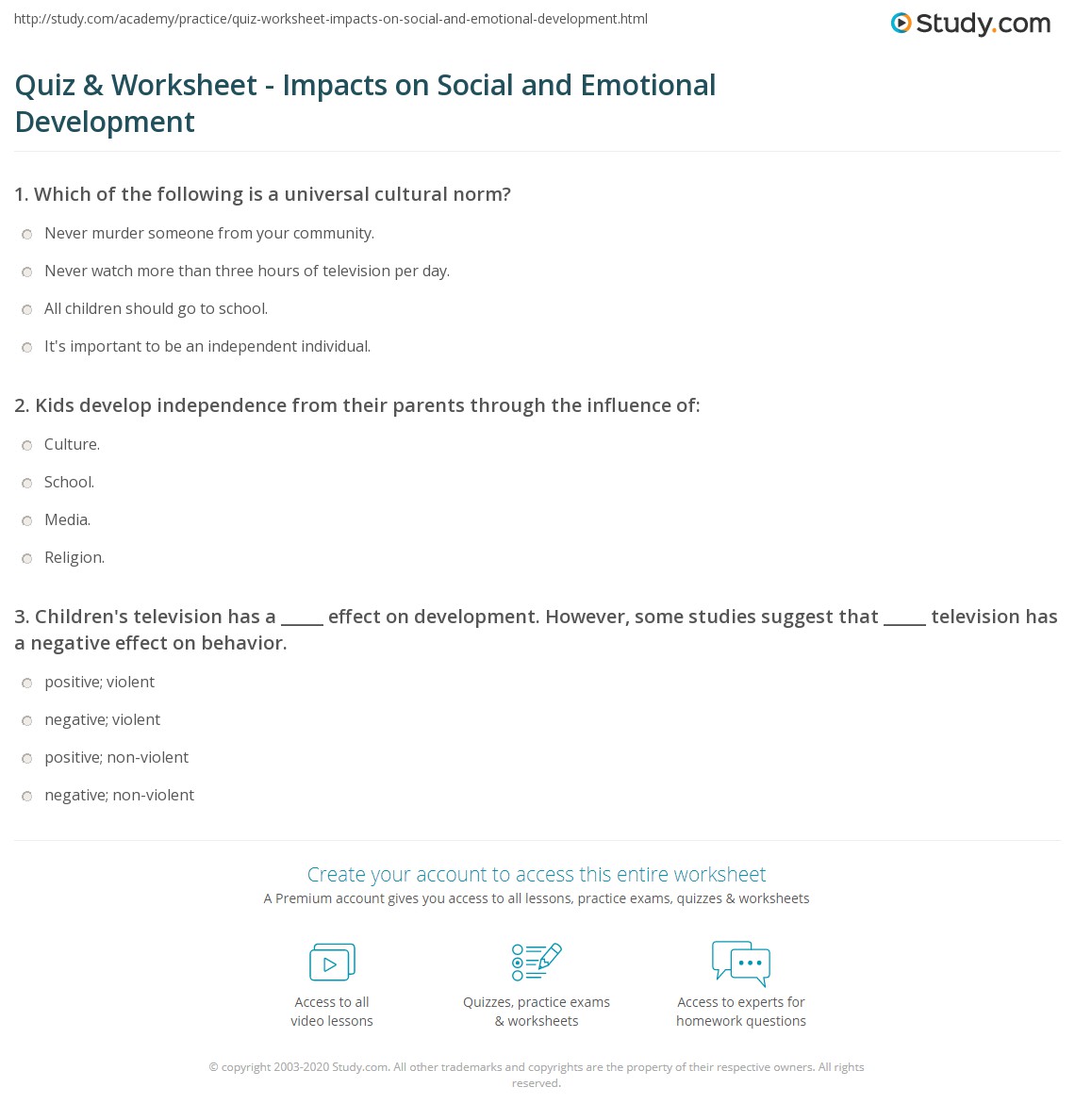Quiz & Worksheet - Impacts on Social and Emotional Development | Study.com