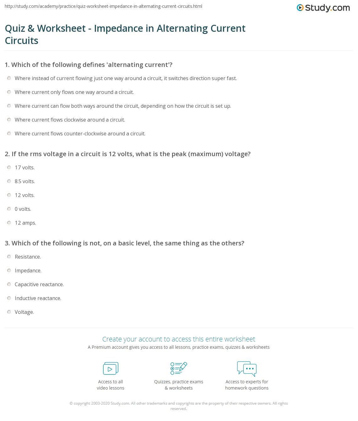 Quiz & Worksheet - Impedance in Alternating Current Circuits | Study.com