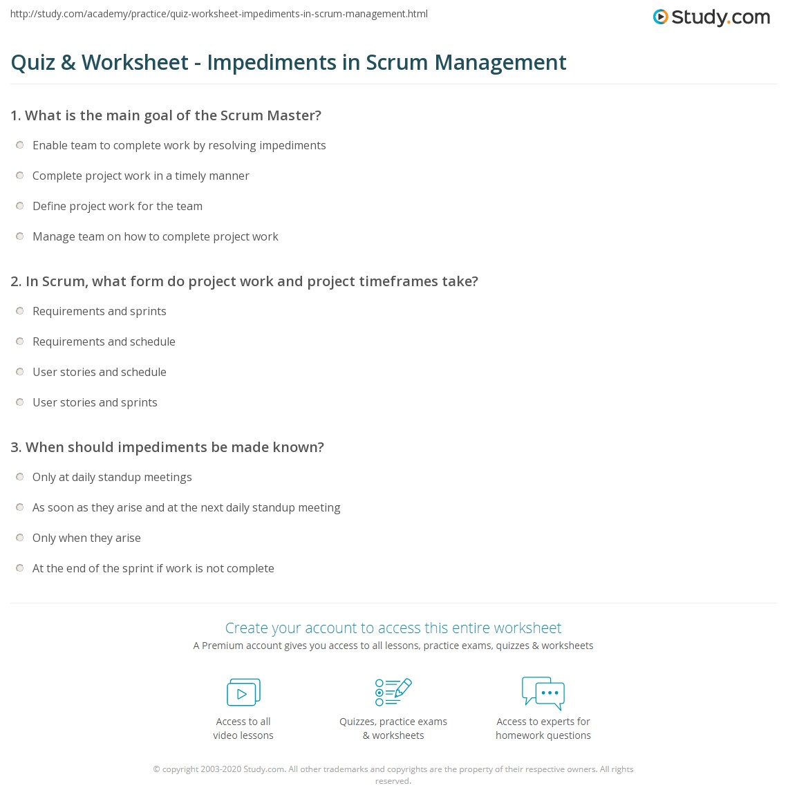 Quiz & Worksheet - Impediments in Scrum Management | Study.com