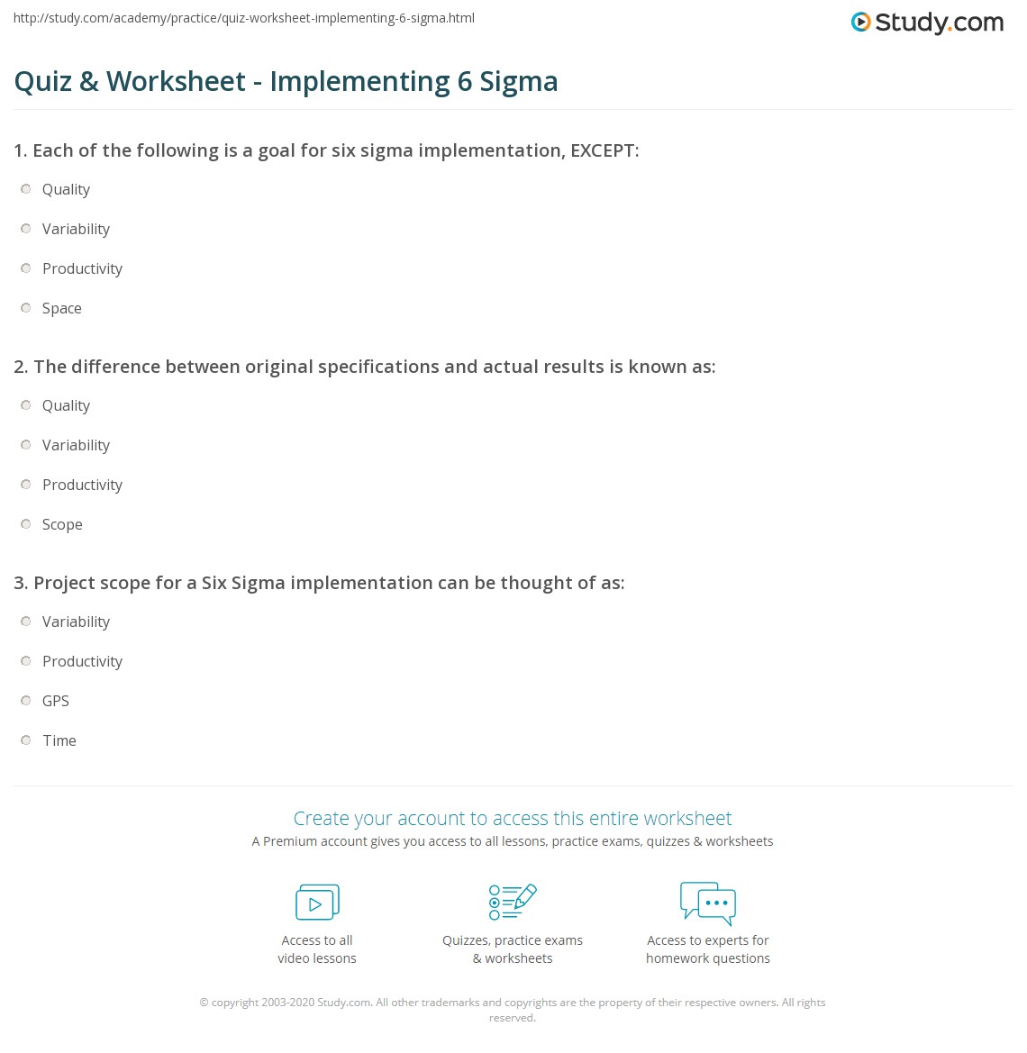 Quiz & Worksheet - Implementing 6 Sigma | Study.com