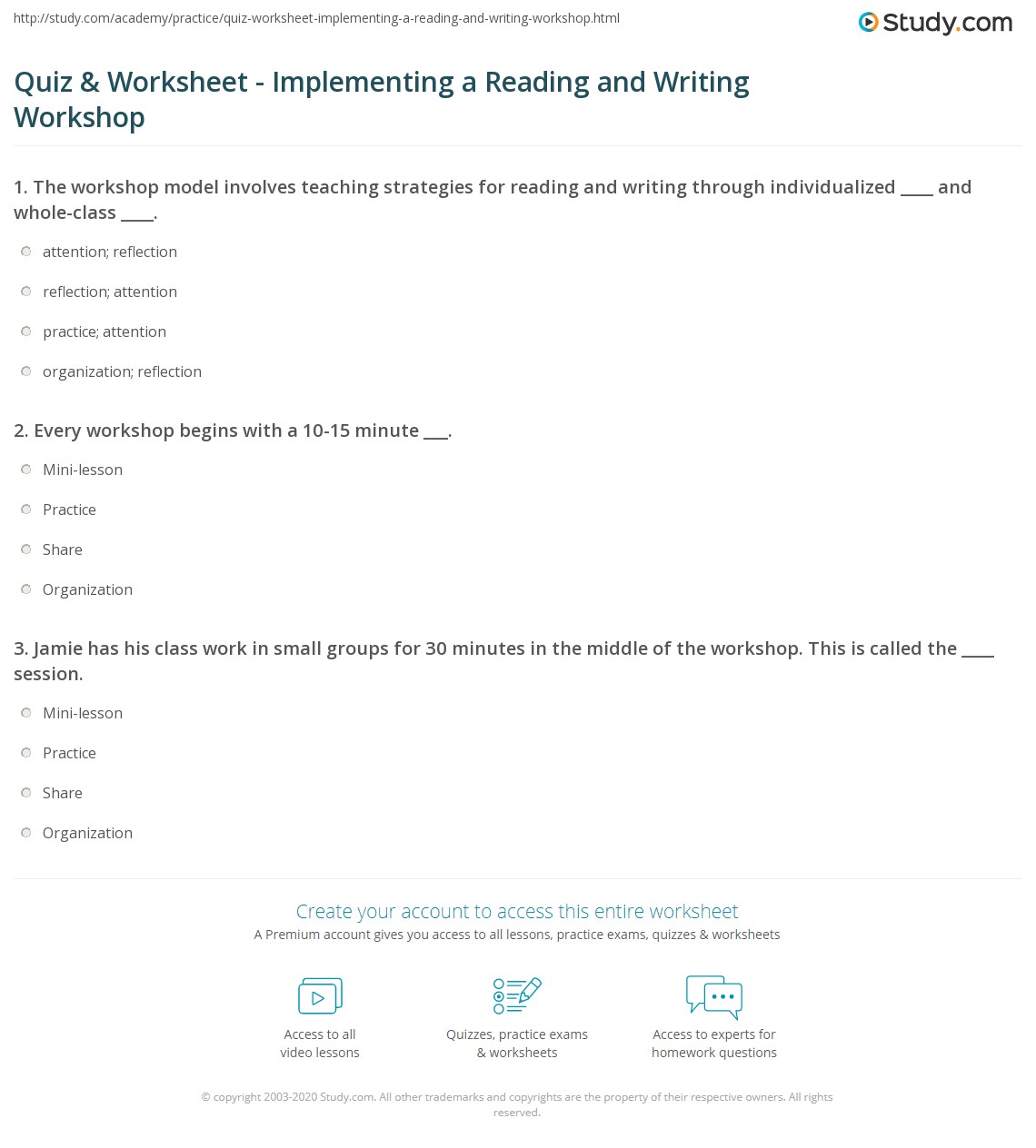 Quiz & Worksheet - Implementing a Reading and Writing Workshop | Study.com