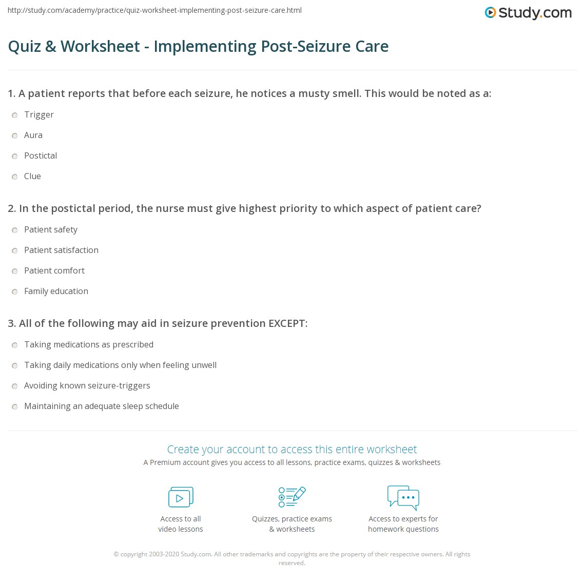 Quiz & Worksheet - Implementing Post-Seizure Care | Study.com
