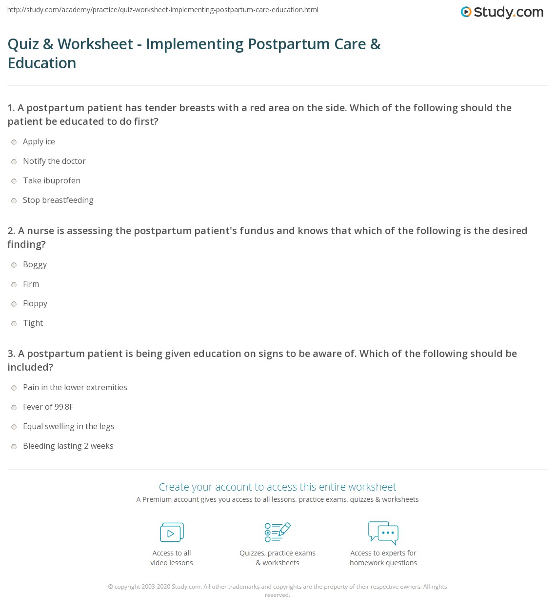 Quiz & Worksheet - Implementing Postpartum Care & Education | Study.com
