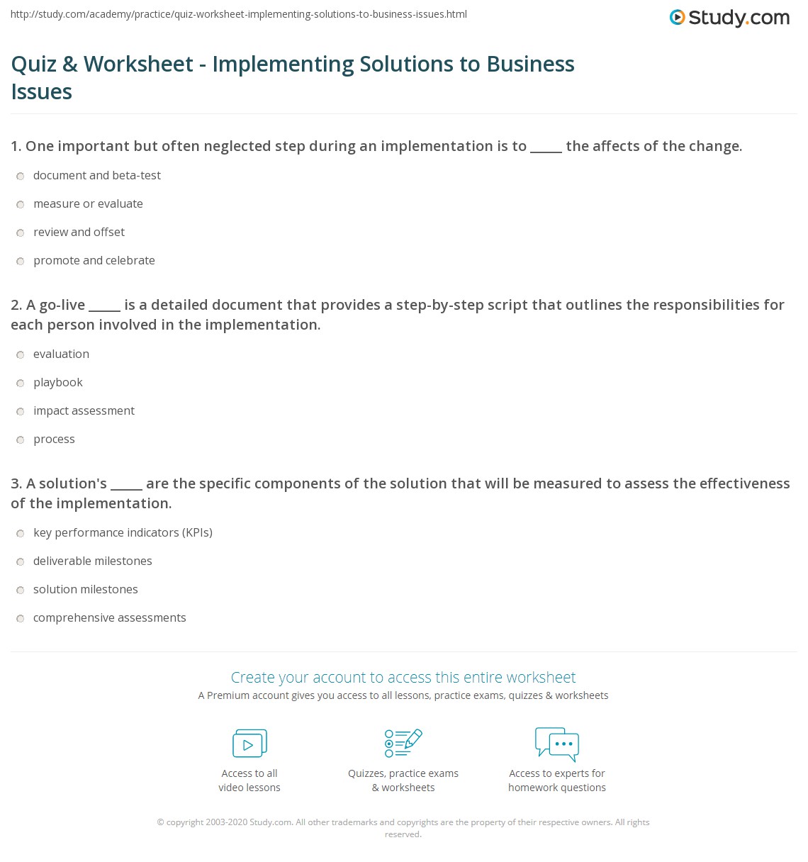 Quiz & Worksheet - Implementing Solutions to Business Issues | Study.com