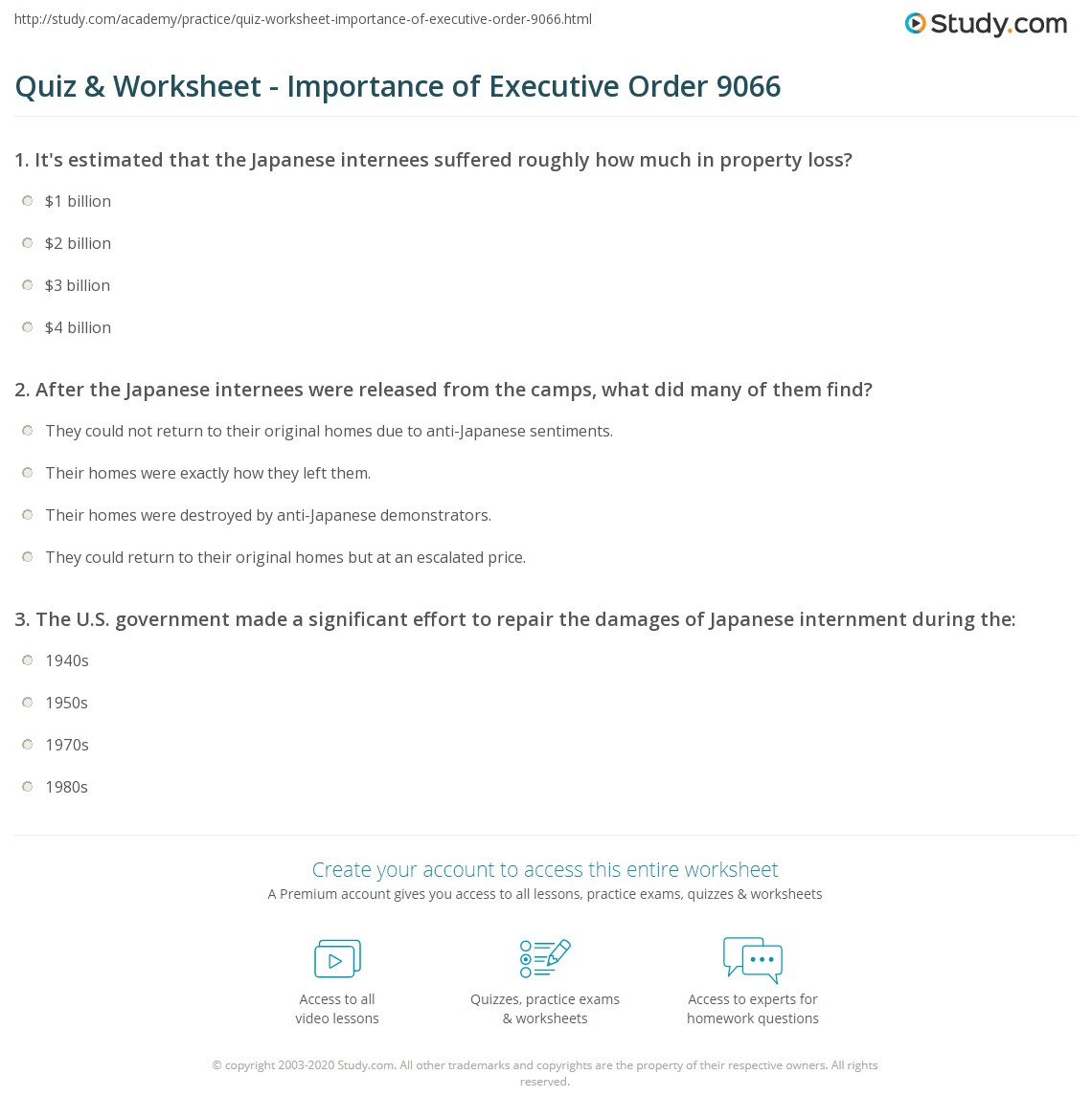 Quiz & Worksheet - Importance of Executive Order 9066 | Study.com