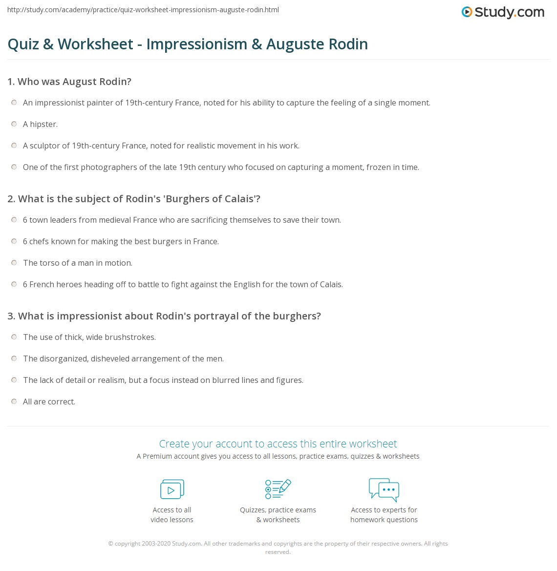 Quiz & Worksheet - Impressionism & Auguste Rodin | Study.com
