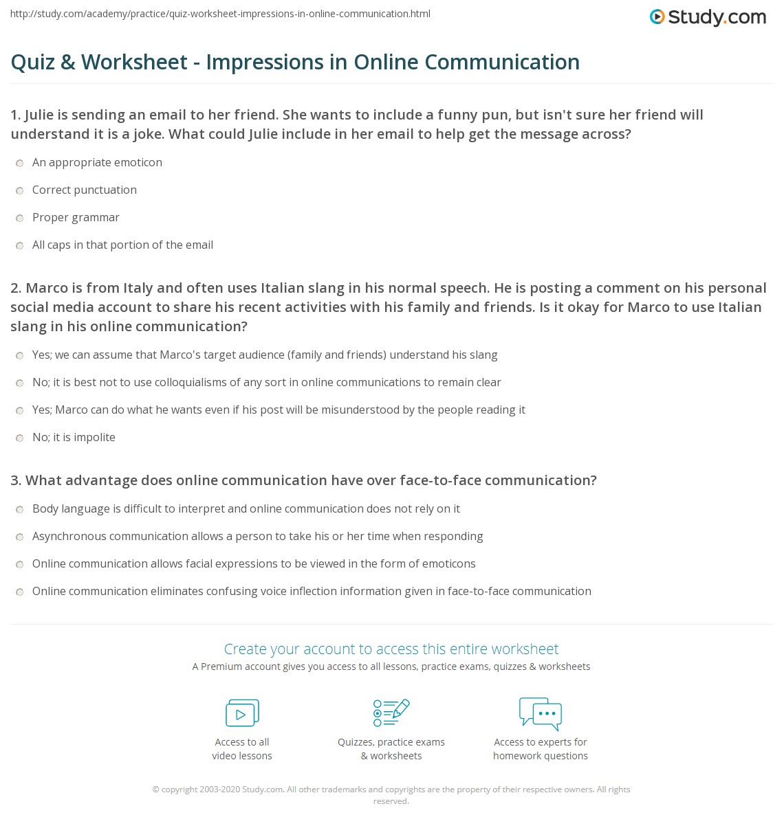 Quiz & Worksheet - Impressions in Online Communication | Study.com