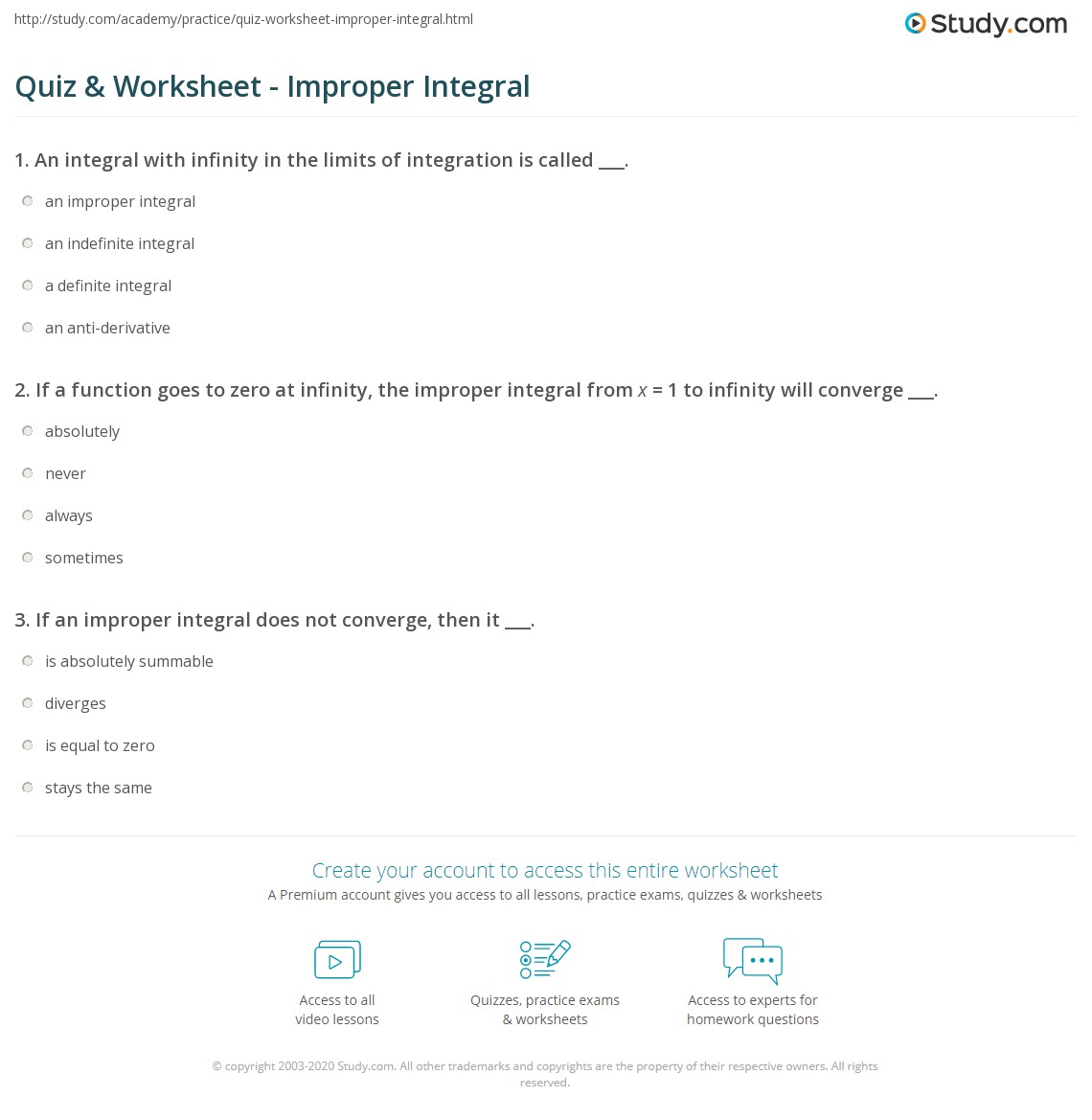 Quiz & Worksheet - Improper Integral | Study.com