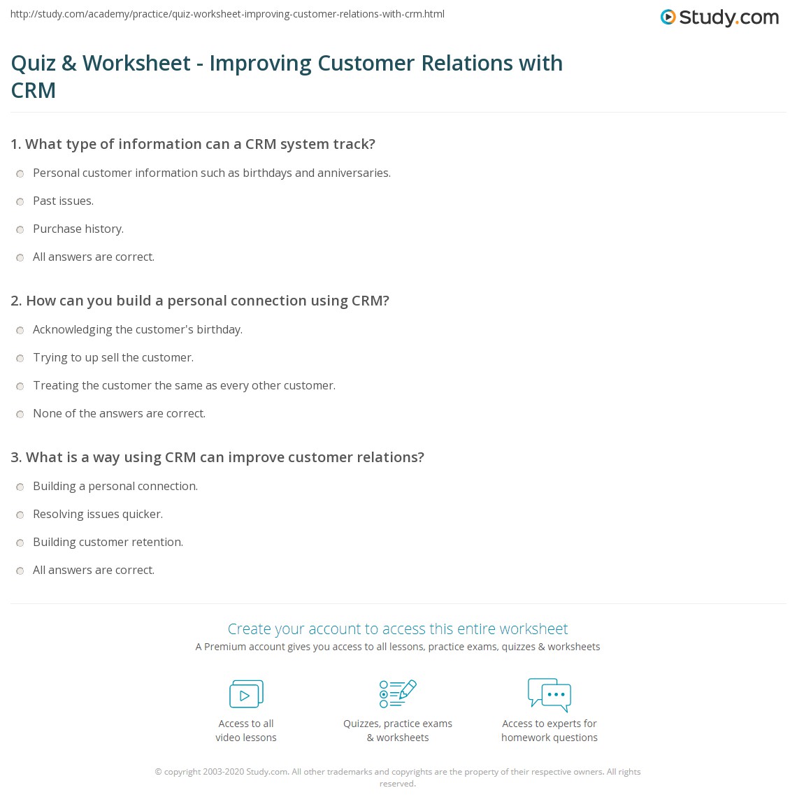 Quiz & Worksheet - Improving Customer Relations with CRM | Study.com