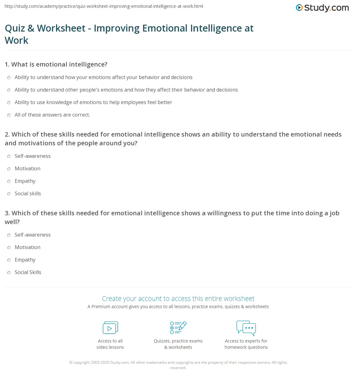 Quiz & Worksheet - Improving Emotional Intelligence at Work | Study.com