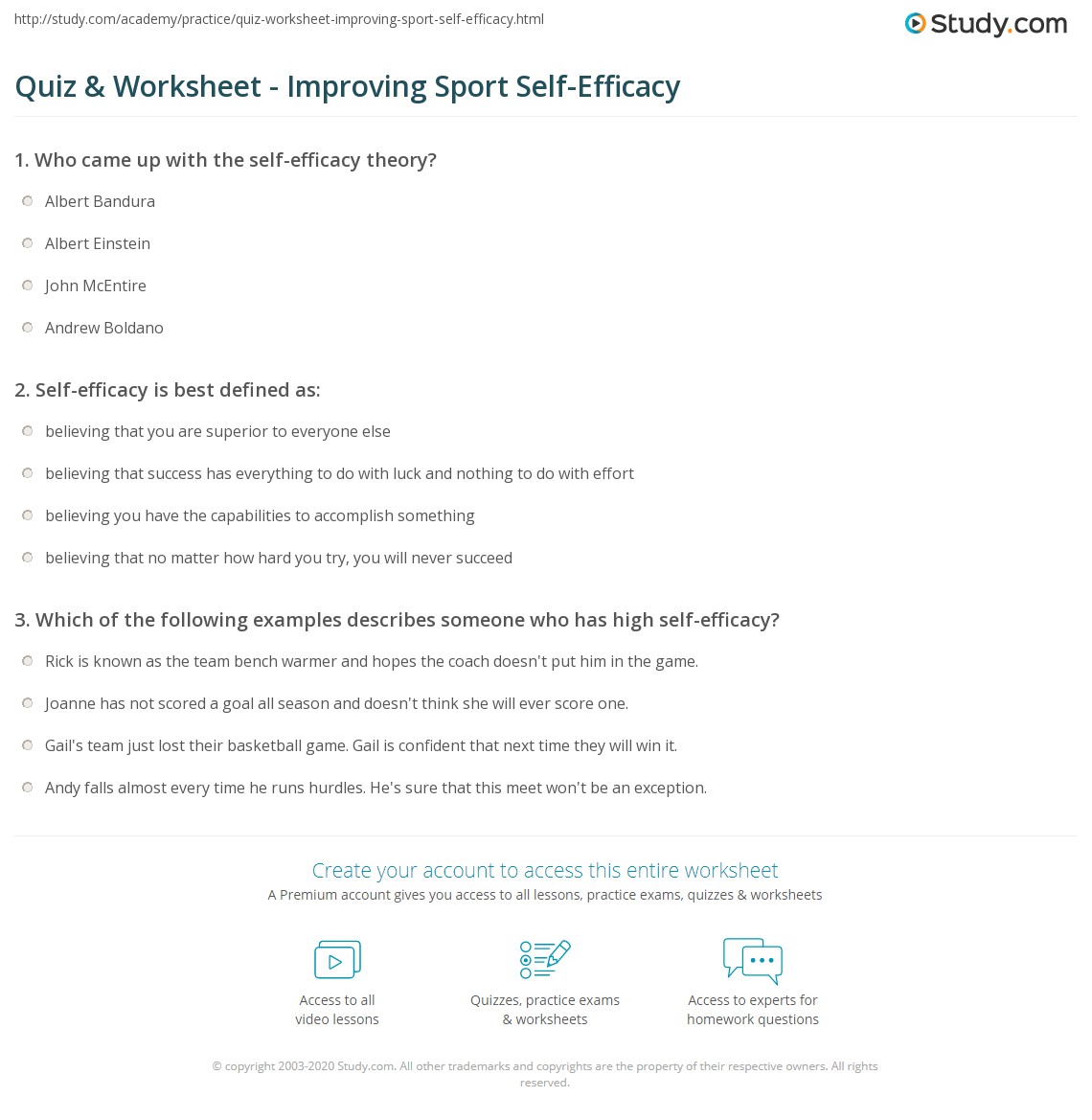 Quiz & Worksheet - Improving Sport Self-Efficacy | Study.com