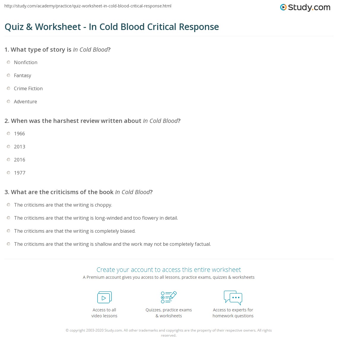 Quiz & Worksheet - In Cold Blood Critical Response | Study.com