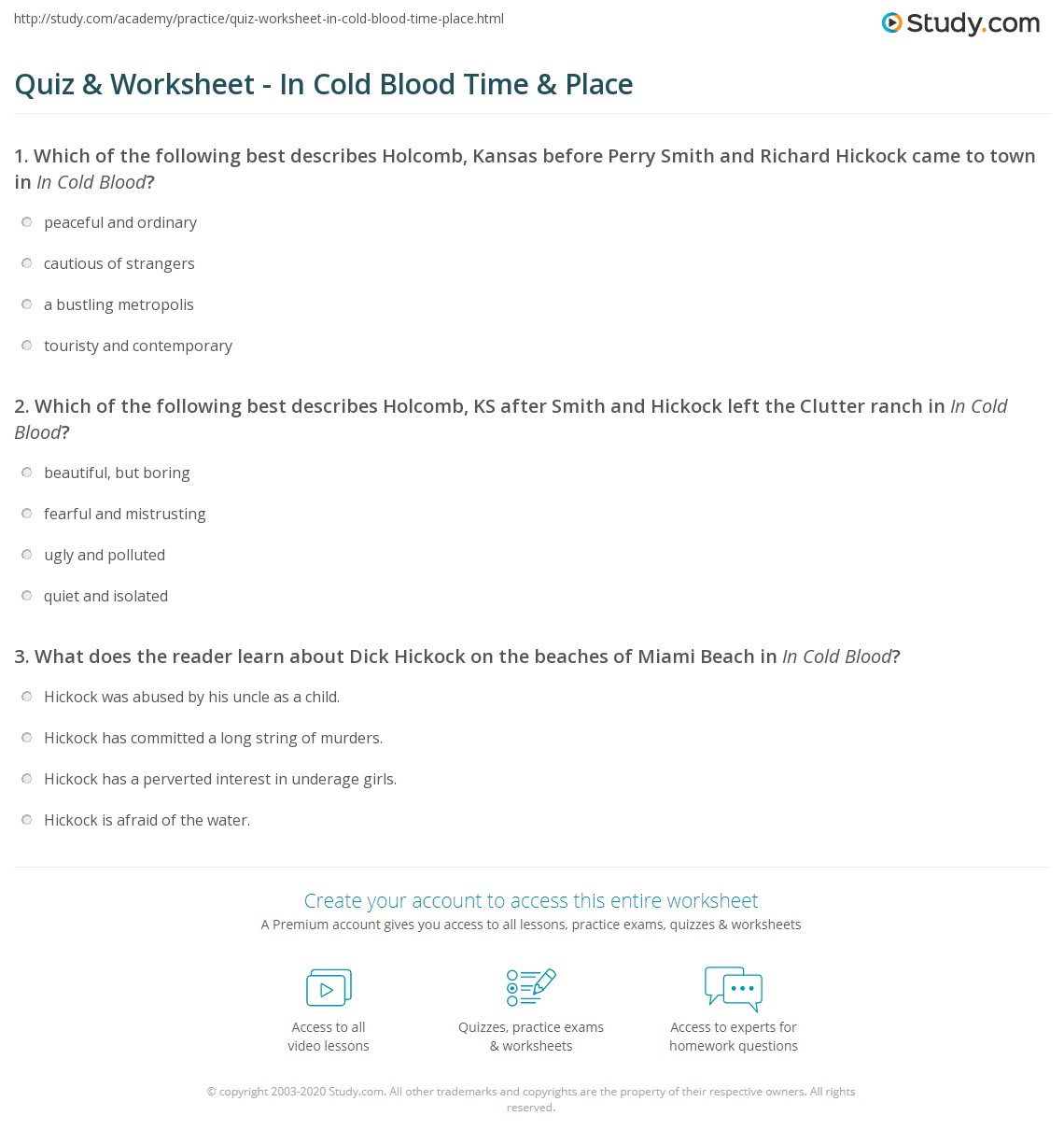 Quiz & Worksheet - In Cold Blood Time & Place | Study.com