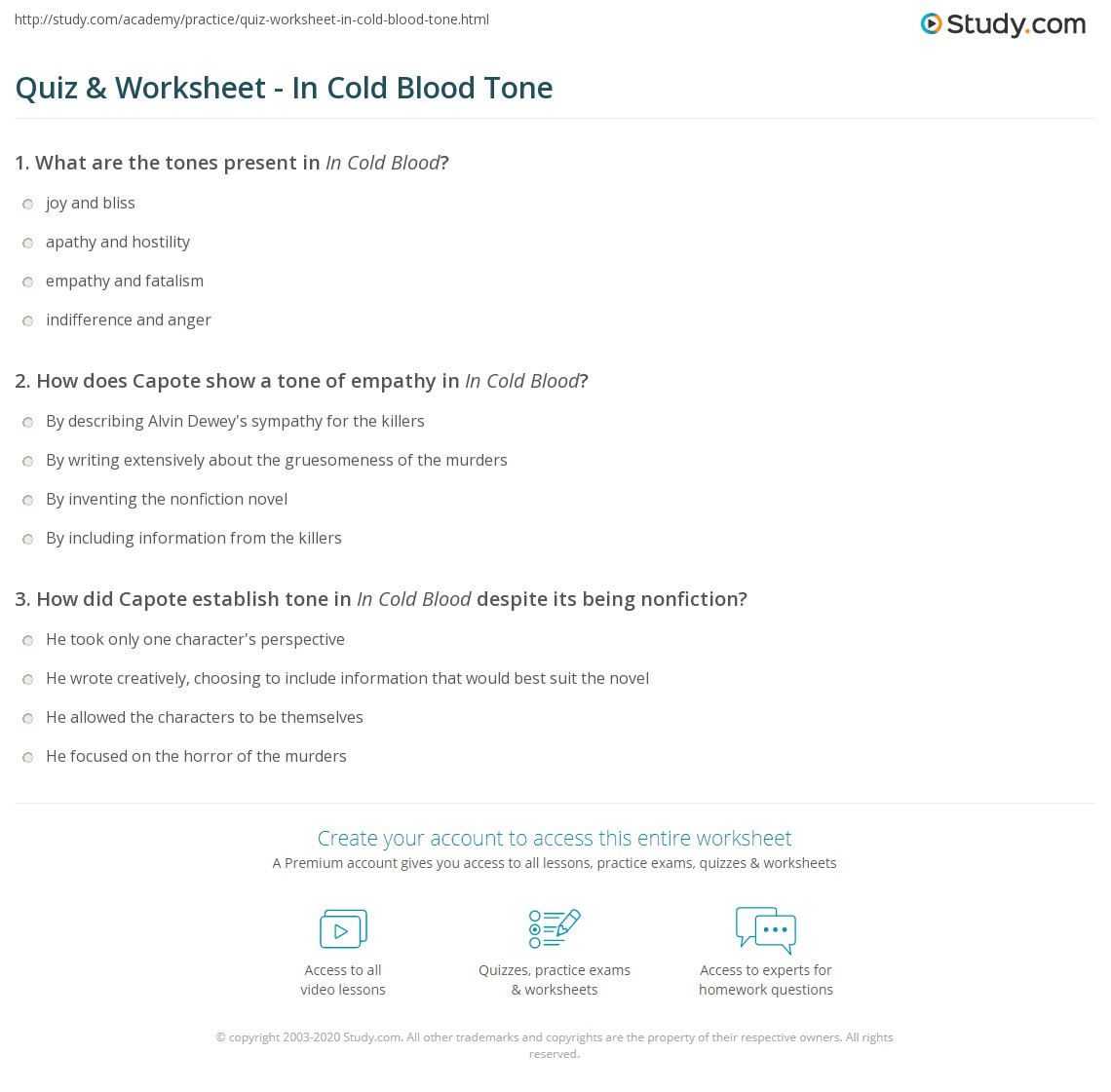 Quiz & Worksheet - In Cold Blood Tone | Study.com