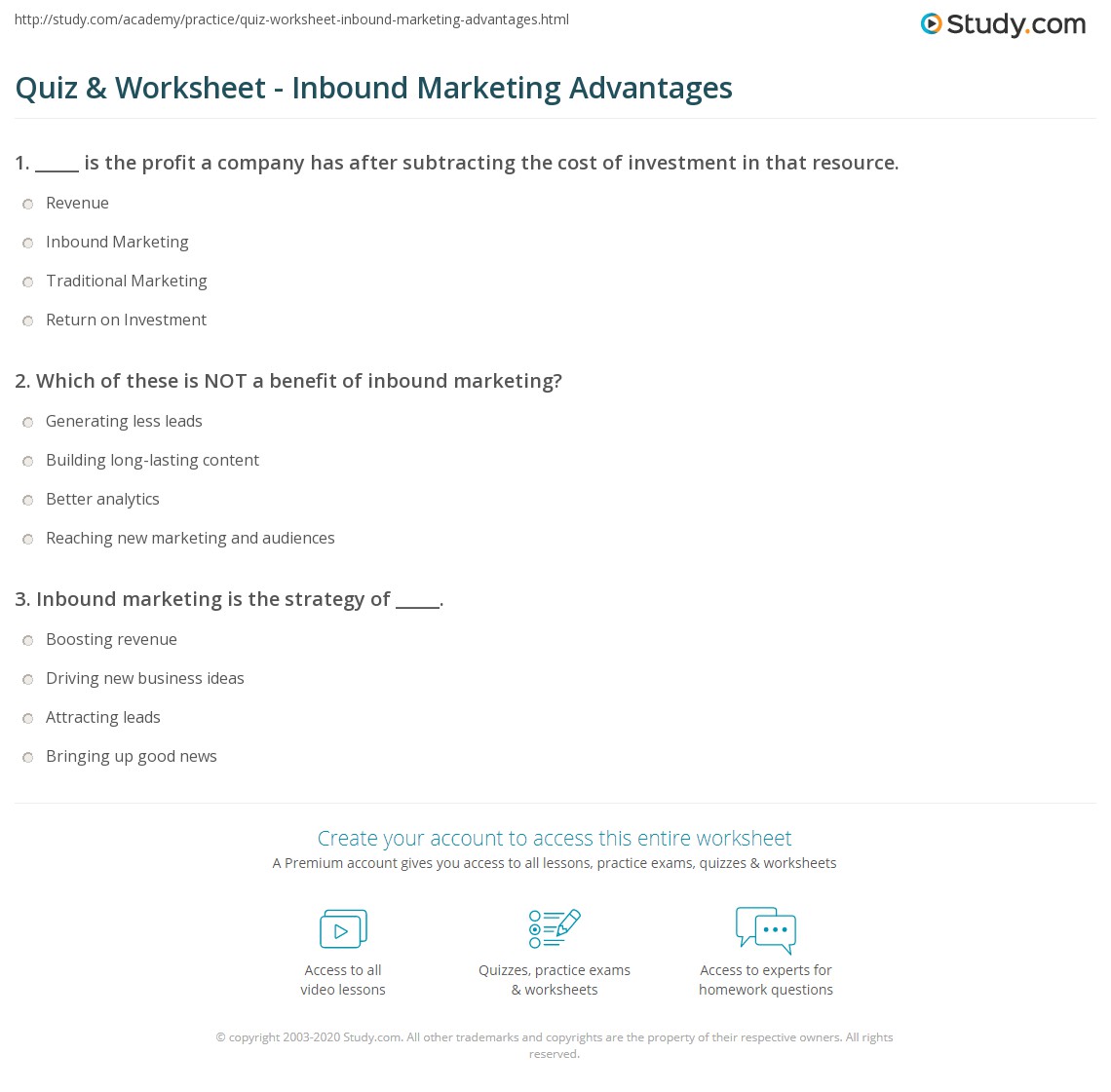 Quiz & Worksheet - Inbound Marketing Advantages | Study.com