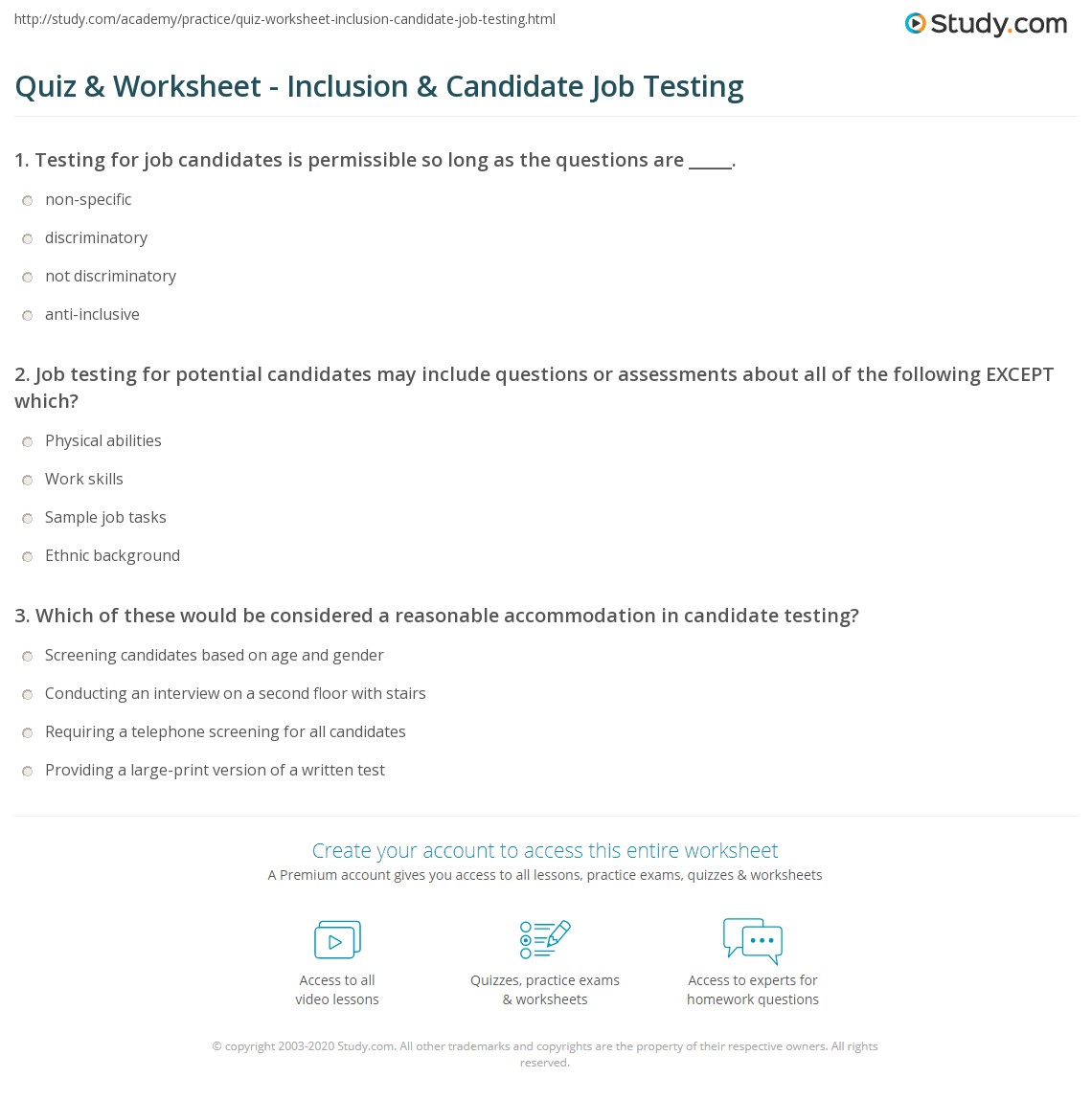 Quiz & Worksheet - Inclusion & Candidate Job Testing | Study.com