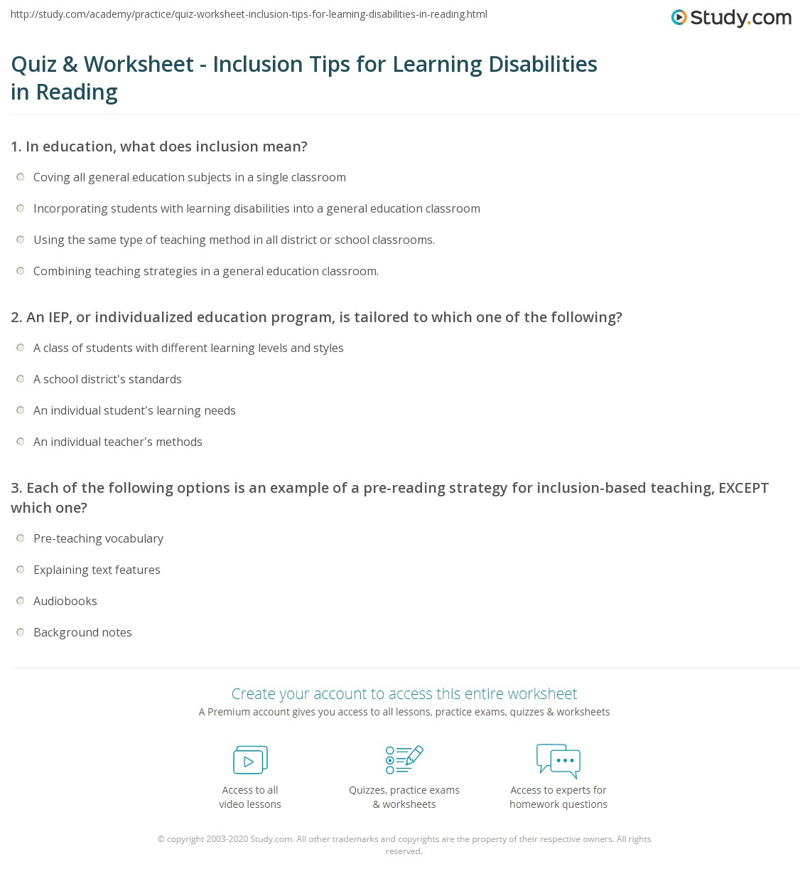 Quiz & Worksheet - Inclusion Tips for Learning Disabilities in Reading ...