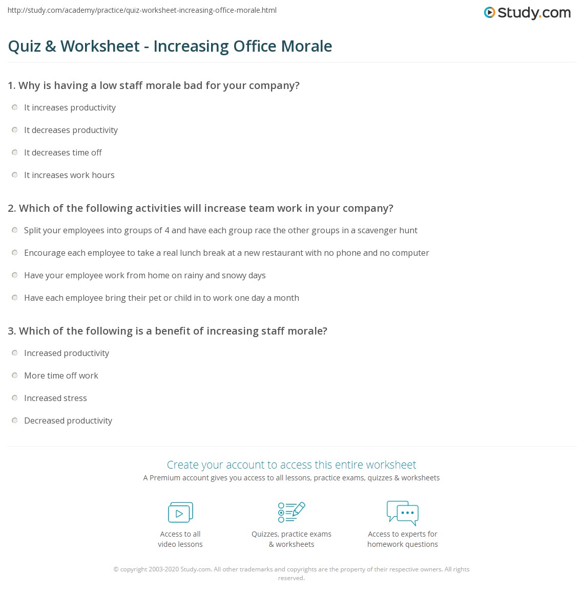 Quiz & Worksheet - Increasing Office Morale | Study.com