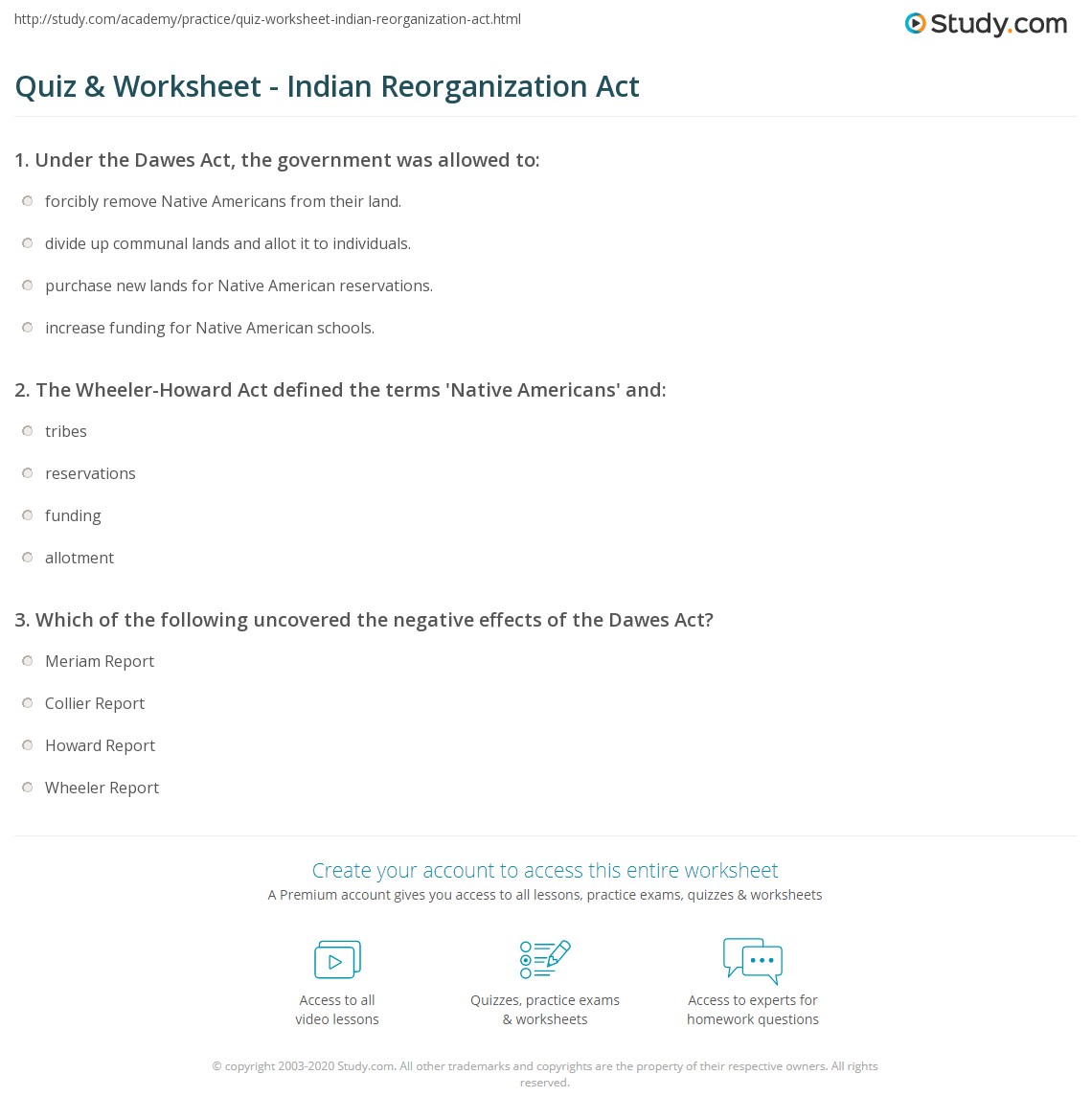 Quiz & Worksheet - Indian Reorganization Act | Study.com