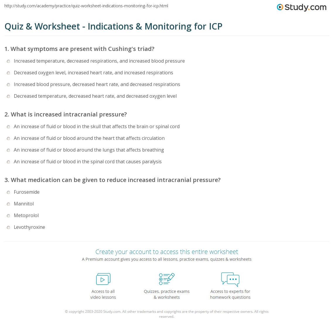 Quiz & Worksheet - Indications & Monitoring for ICP | Study.com