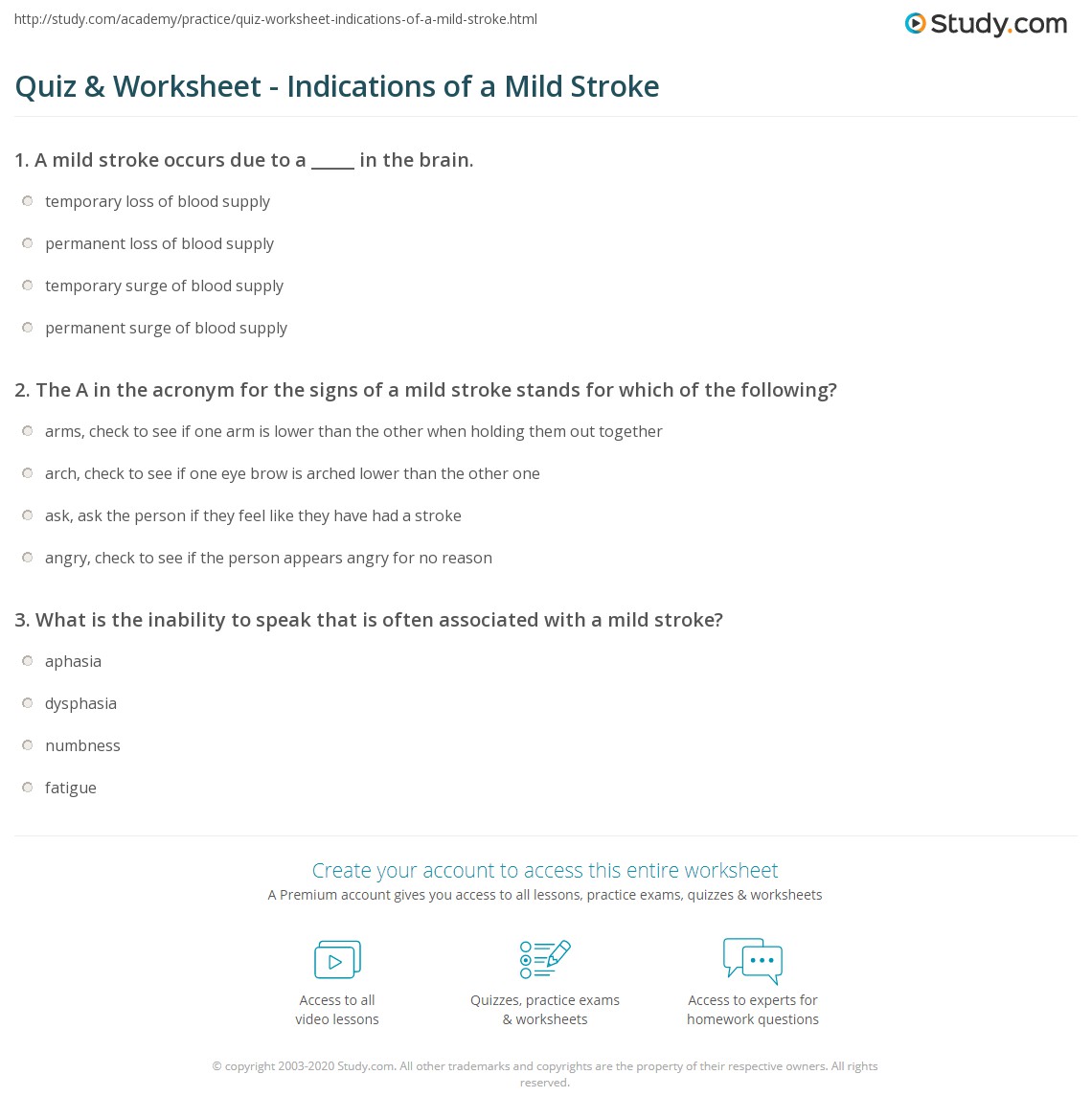 Quiz & Worksheet - Indications of a Mild Stroke | Study.com