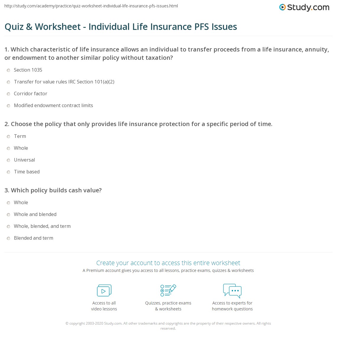 Quiz & Worksheet - Individual Life Insurance PFS Issues | Study.com