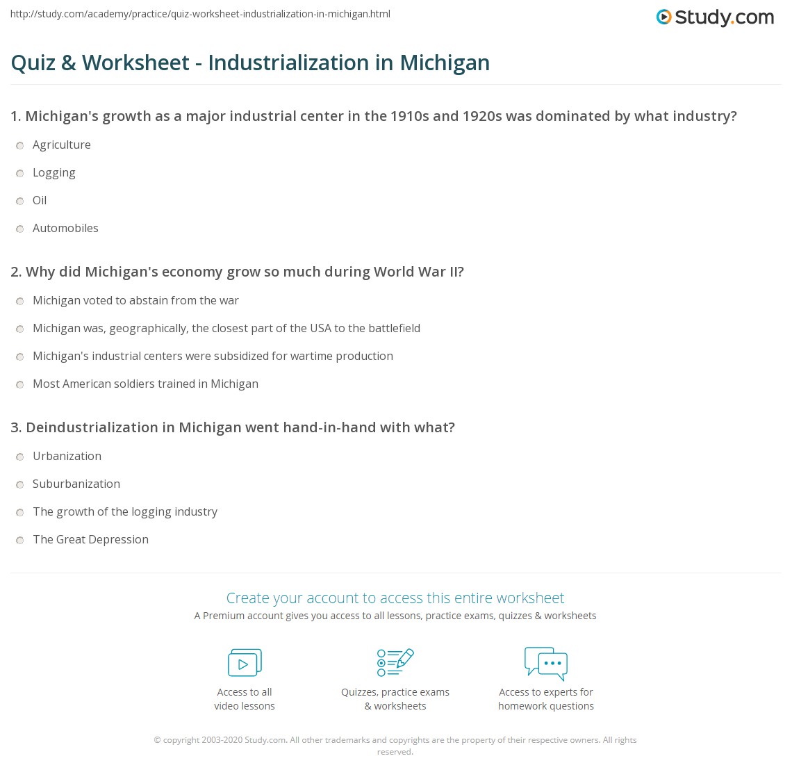 Quiz & Worksheet - Industrialization in Michigan | Study.com