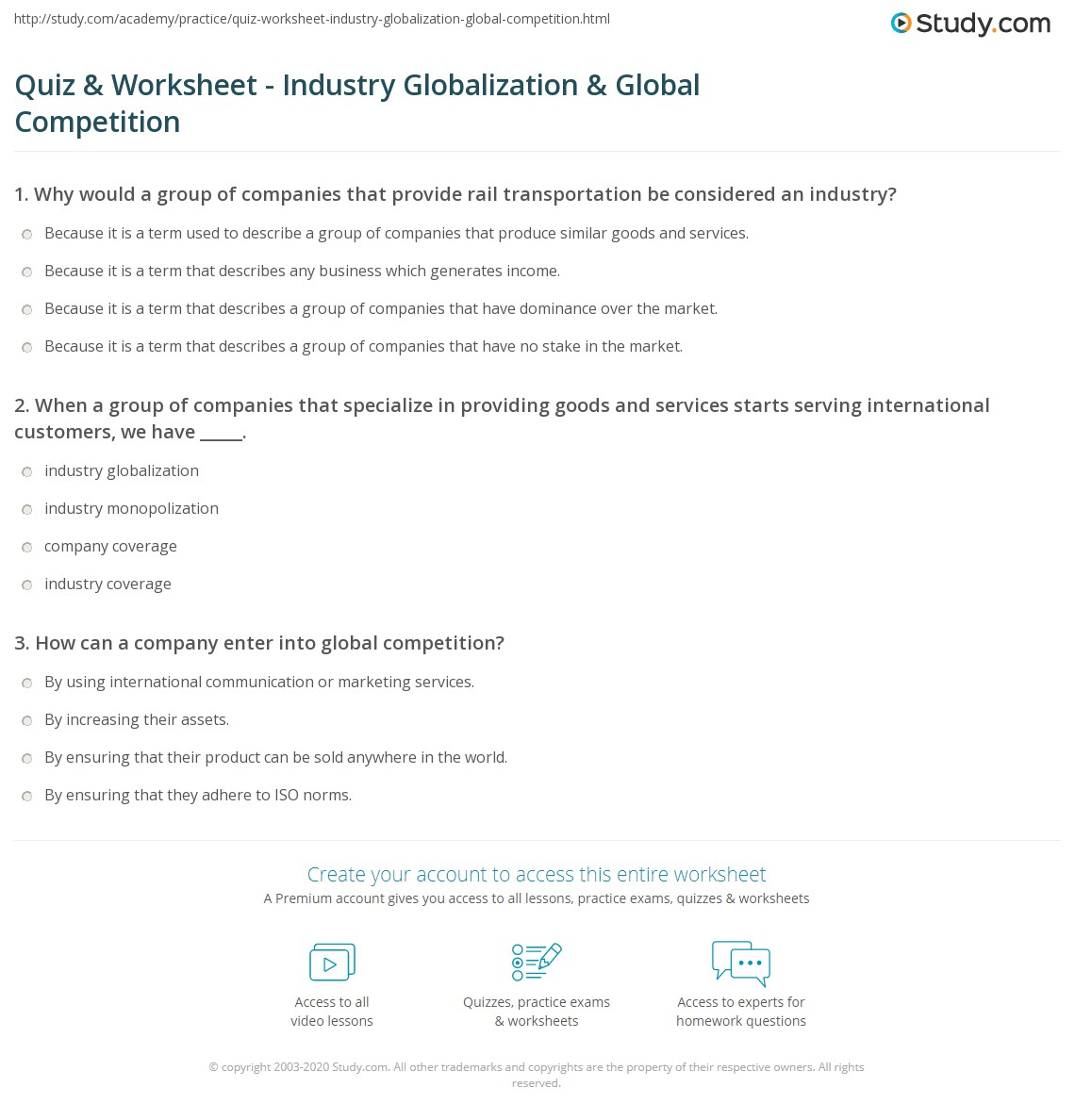 Quiz & Worksheet - Industry Globalization & Global Competition | Study.com