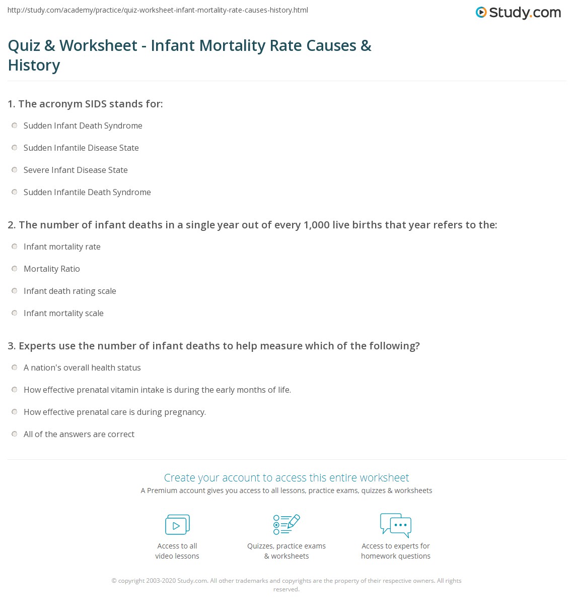 Quiz & Worksheet - Infant Mortality Rate Causes & History | Study.com