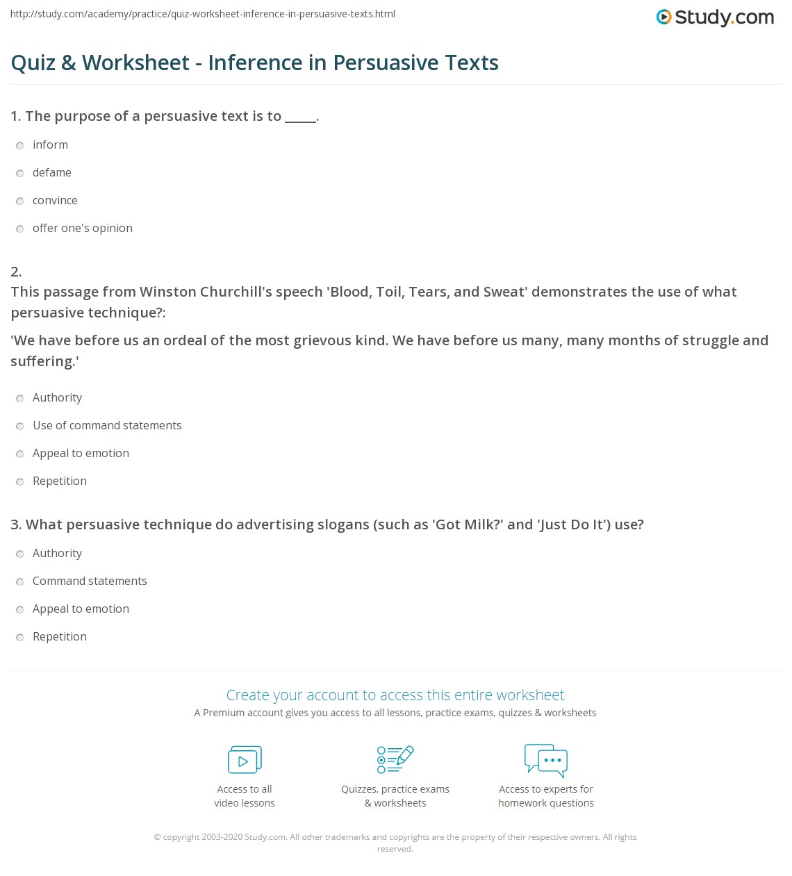 Quiz & Worksheet - Inference in Persuasive Texts | Study.com