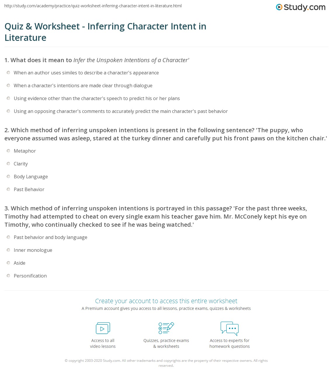 Quiz & Worksheet - Inferring Character Intent in Literature | Study.com