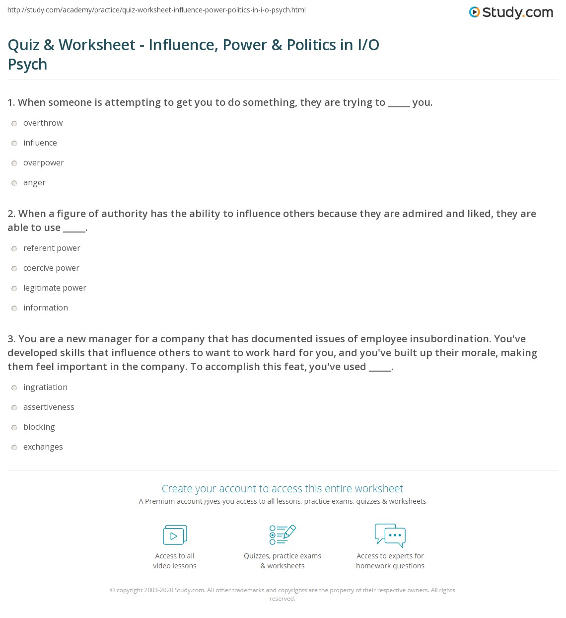 Quiz & Worksheet - Influence, Power & Politics in I/O Psych | Study.com