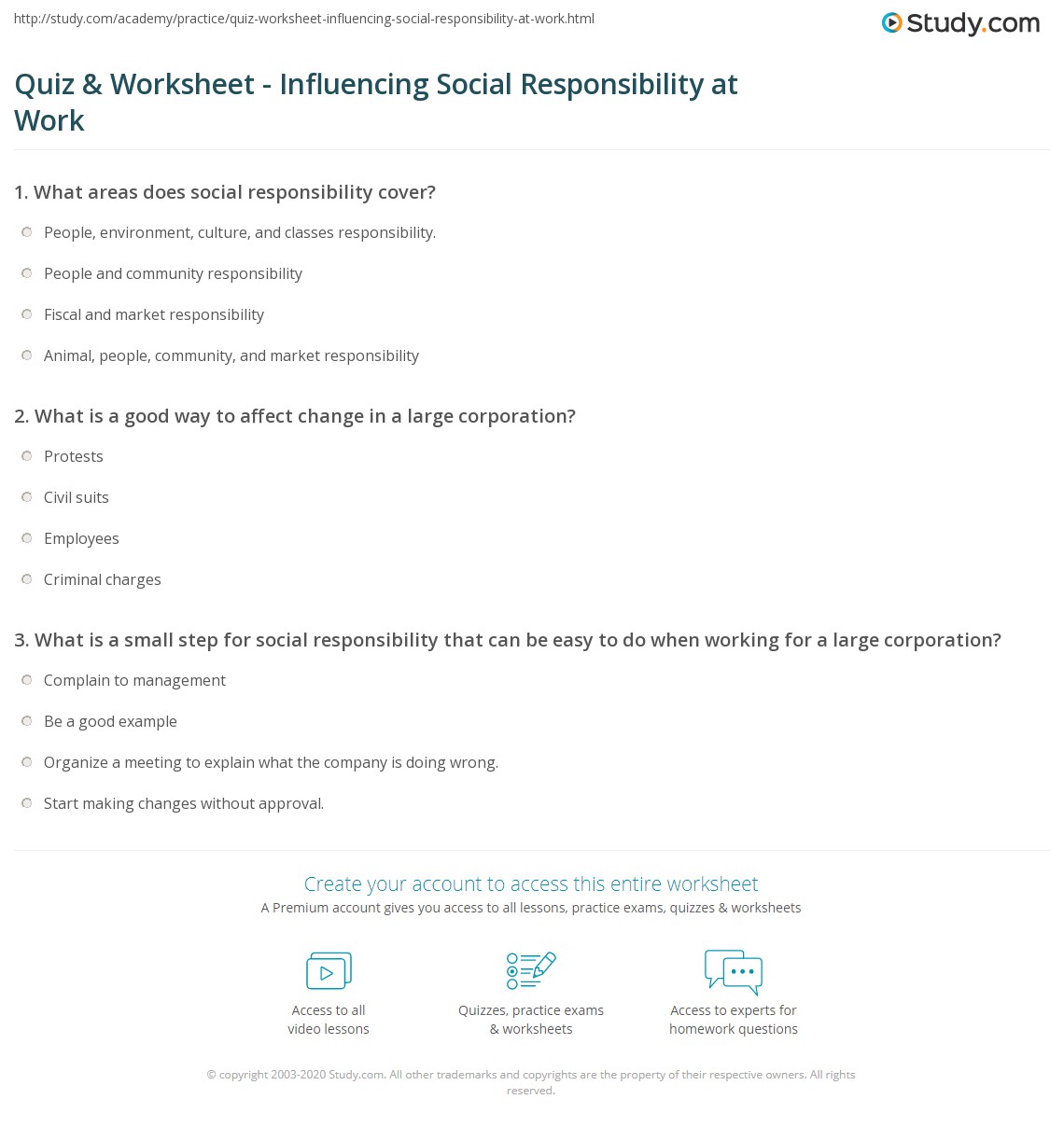 Quiz & Worksheet - Influencing Social Responsibility at Work | Study.com