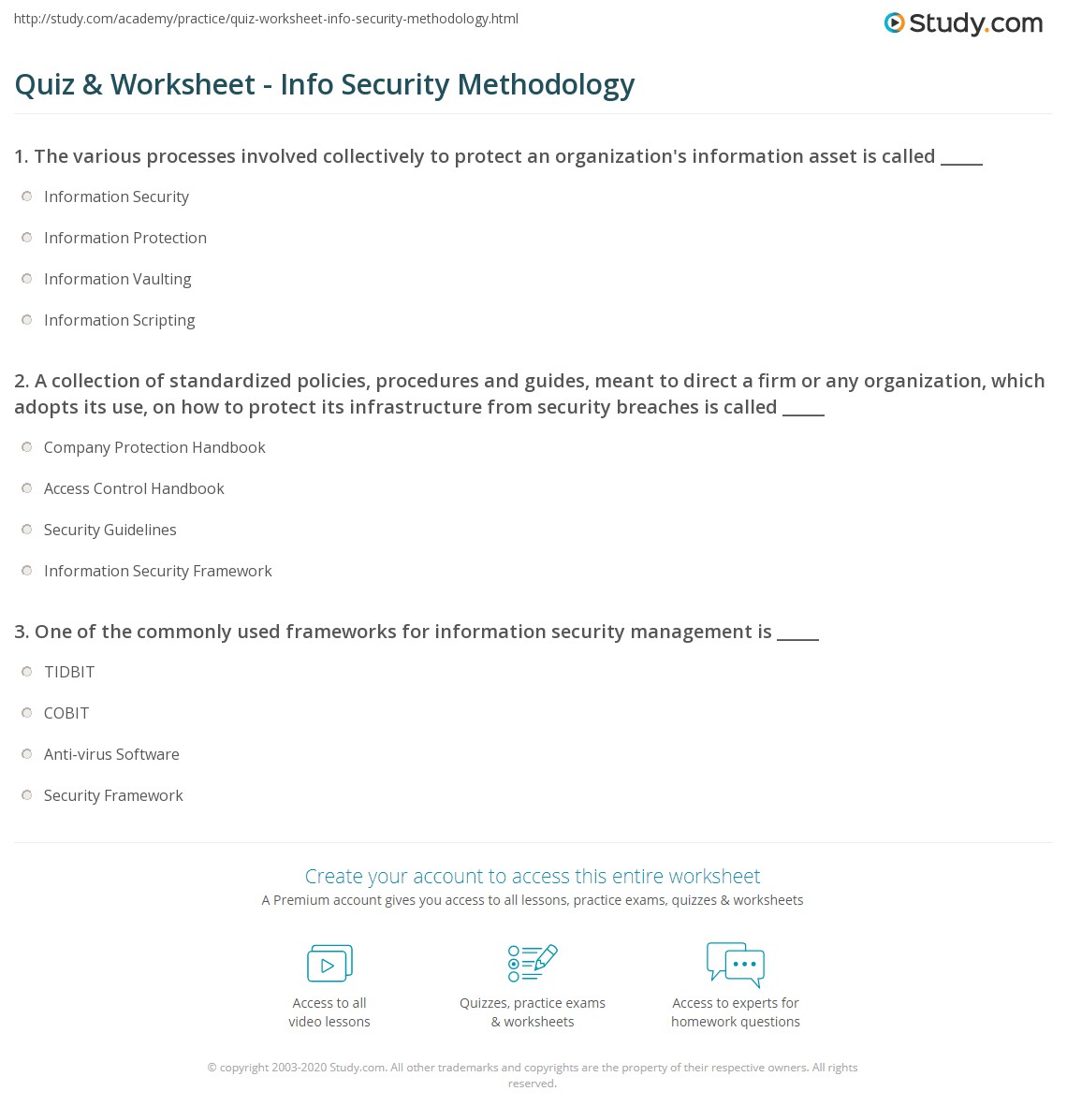 Quiz & Worksheet - Info Security Methodology | Study.com