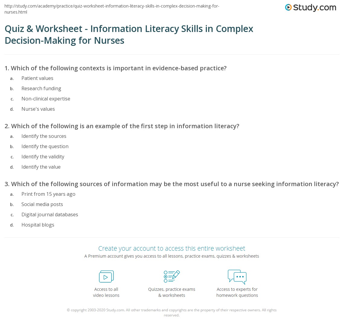 Quiz & Worksheet - Information Literacy Skills in Complex Decision ...