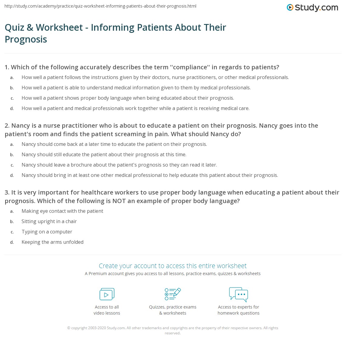 Quiz & Worksheet - Informing Patients About Their Prognosis | Study.com