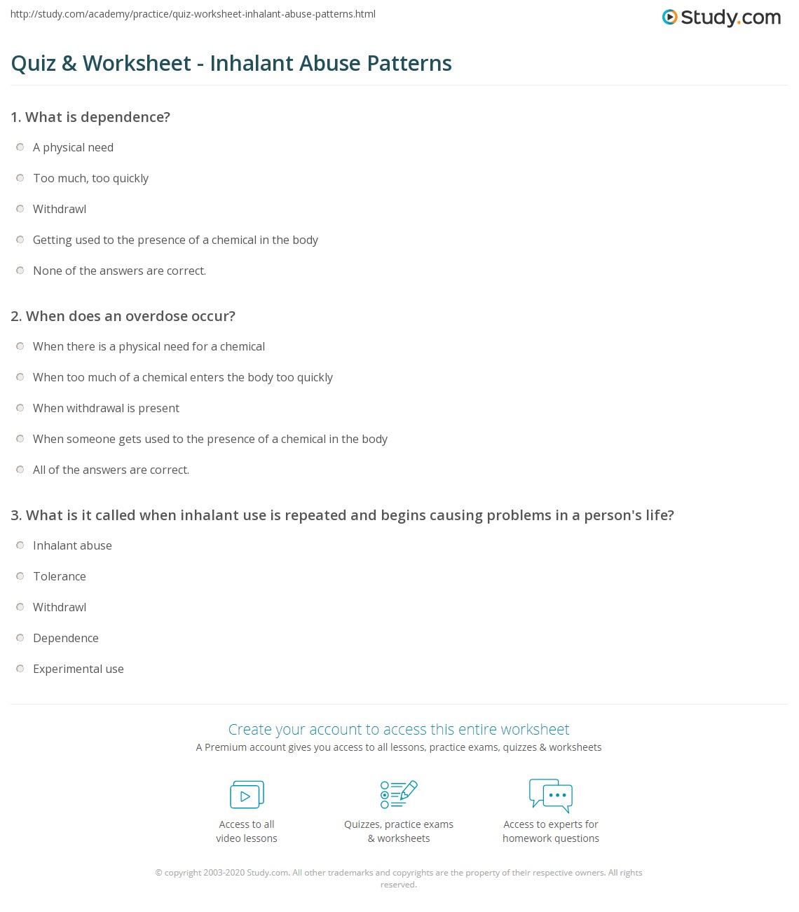 Quiz & Worksheet - Inhalant Abuse Patterns | Study.com